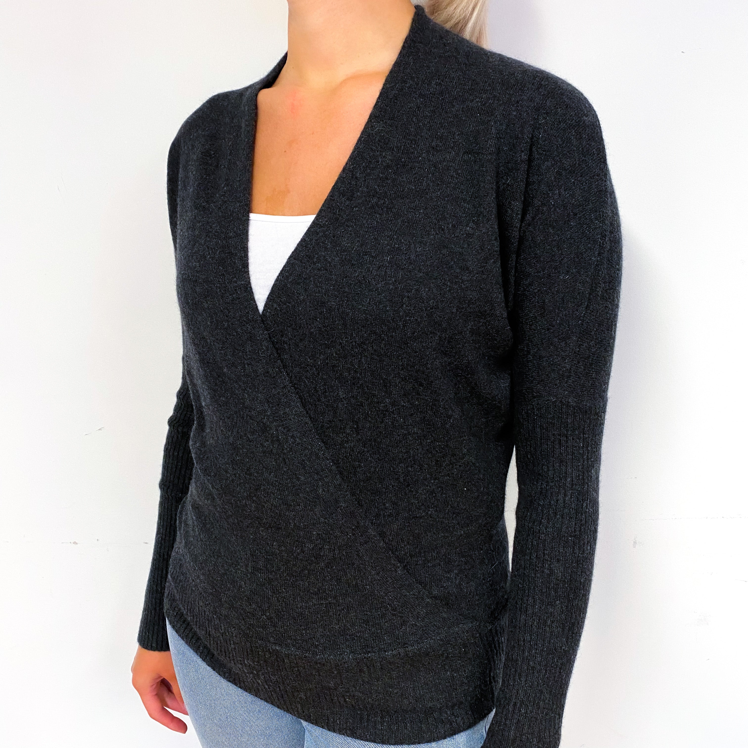 Charcoal Grey Cashmere Crossover V-Neck Jumper Small