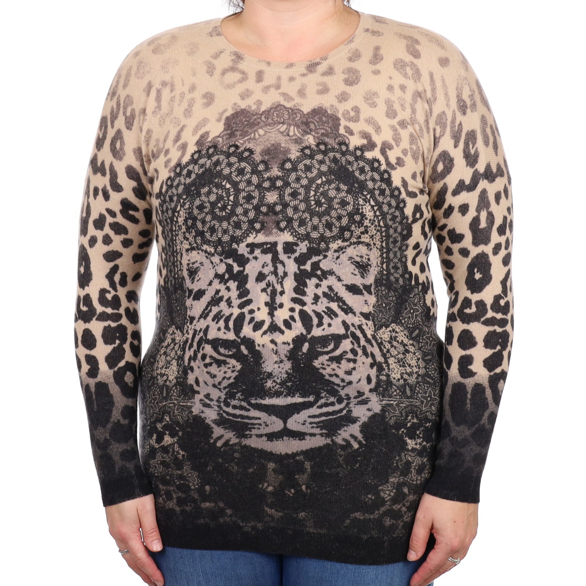Fawn and Charcoal Leopard Design Cashmere Crew Neck Jumper Large