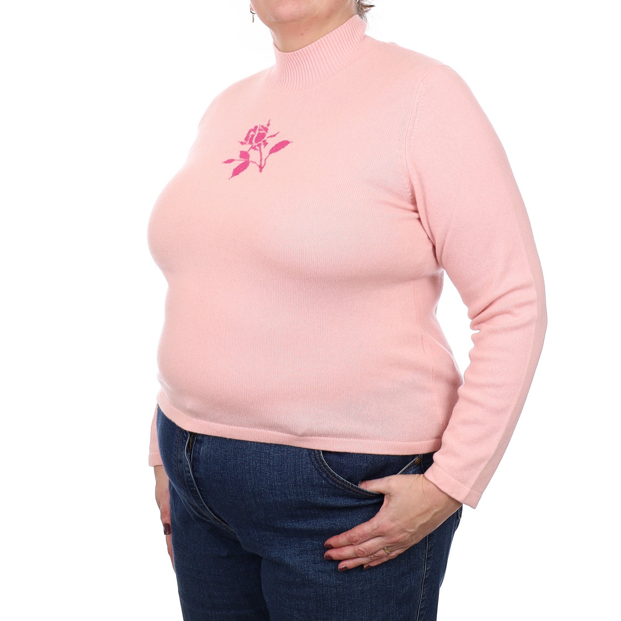 Shell Pink Rose Design Cashmere Turtle Neck Jumper Extra Large