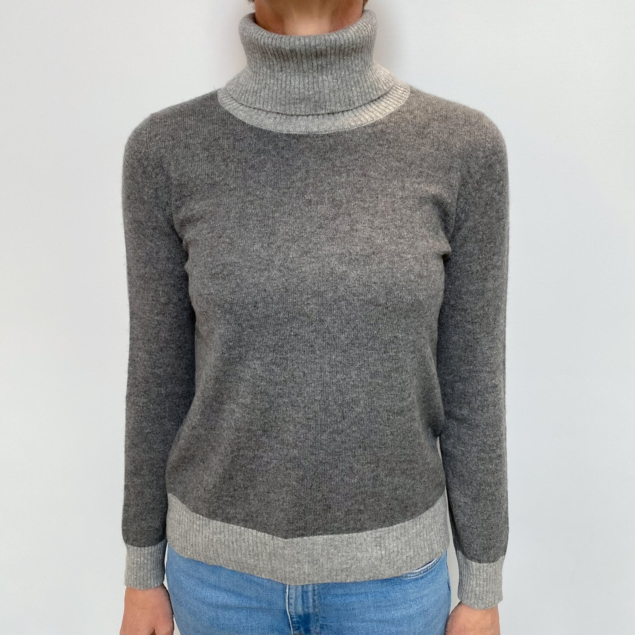 Slate and Smoke Grey Cashmere Polo Neck Jumper Small