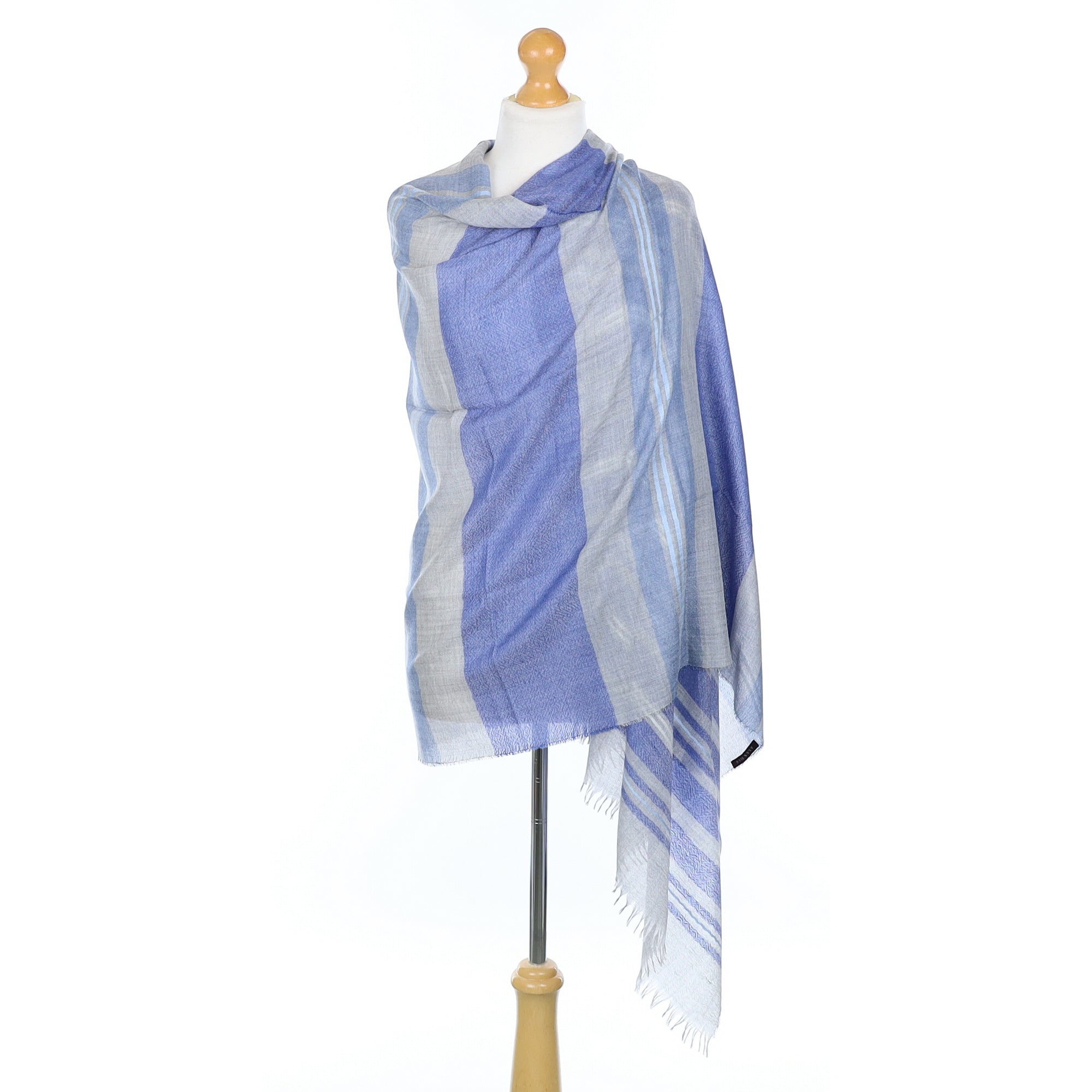 Scottish Begg & Co Denim Blue and Grey Striped Fine Woven Cashmere & S