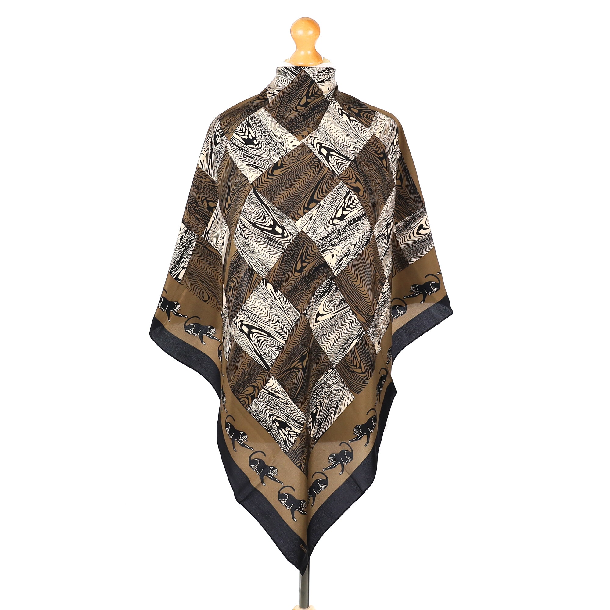 Rodier Khaki and Black Panther Design Silk Scarf