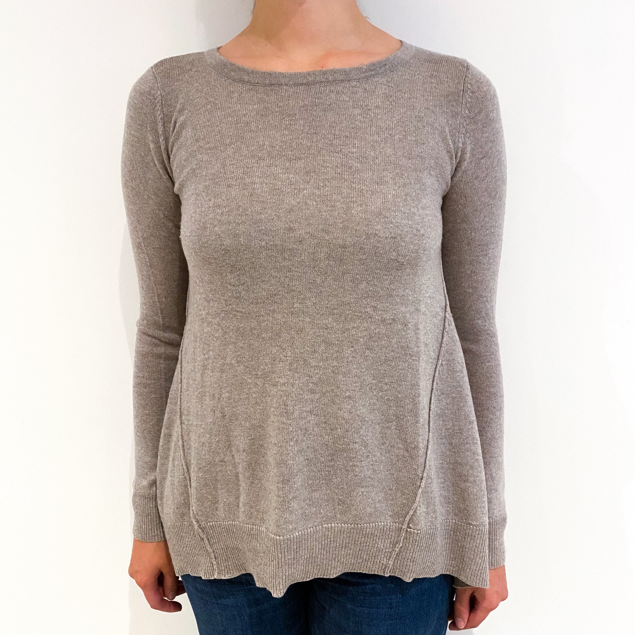 Fawn Brown Swing Hem Cashmere Crew Neck Jumper Small