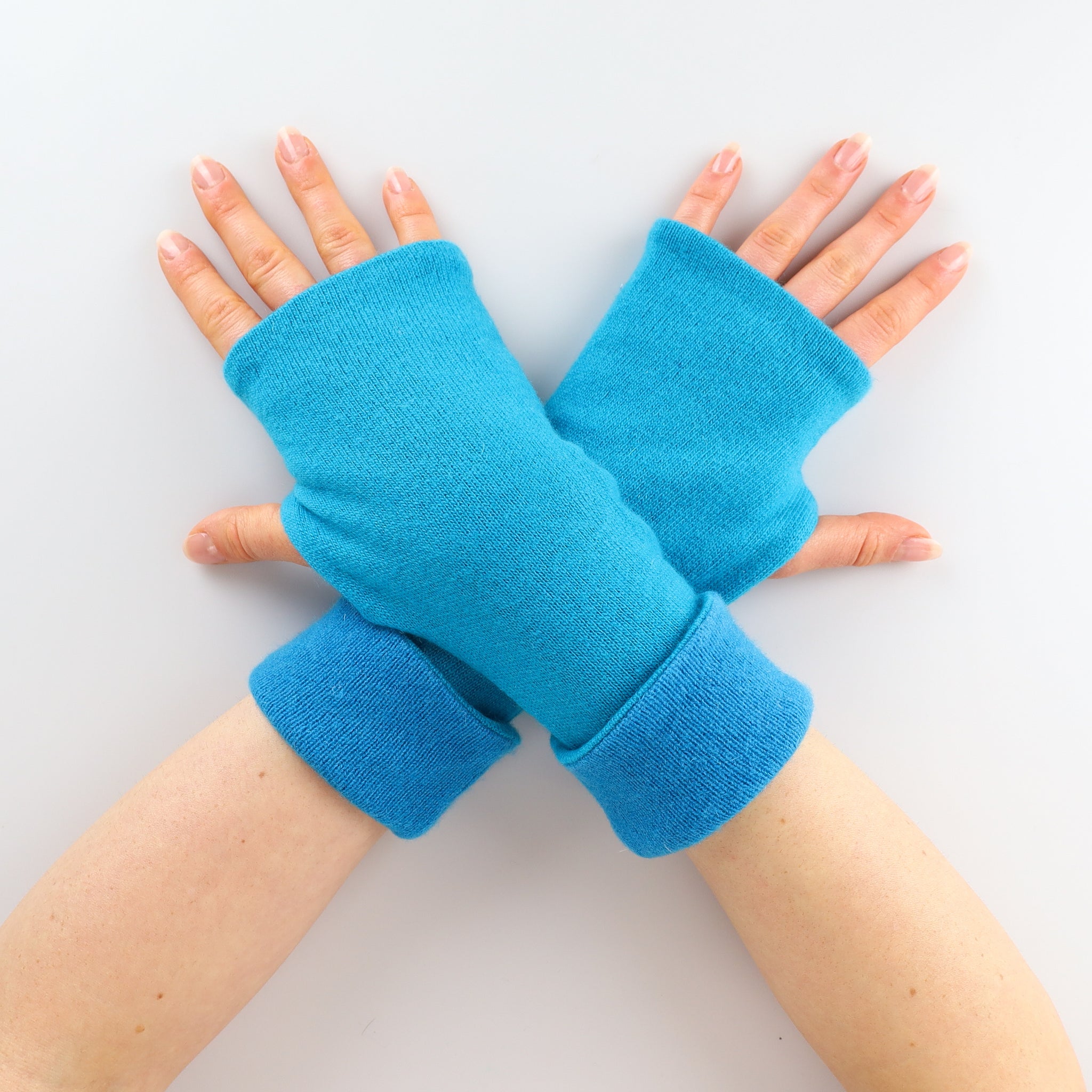 Turquoise and Mediterranean Blue Reversible Cashmere Fingerless Gloves