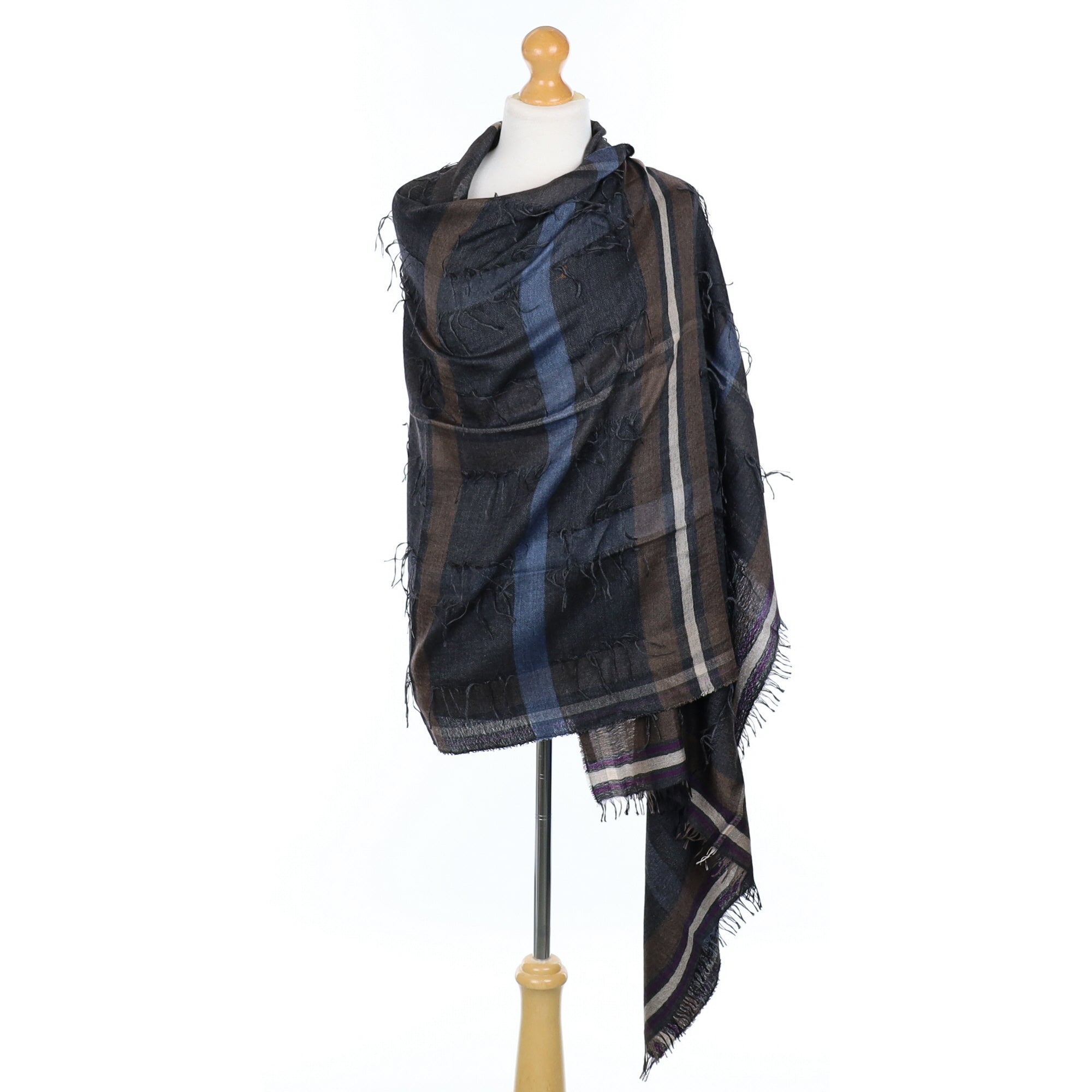 Scottish Begg & Co Grey and Mocha Tassel Fine Woven Cashmere & Silk Wr
