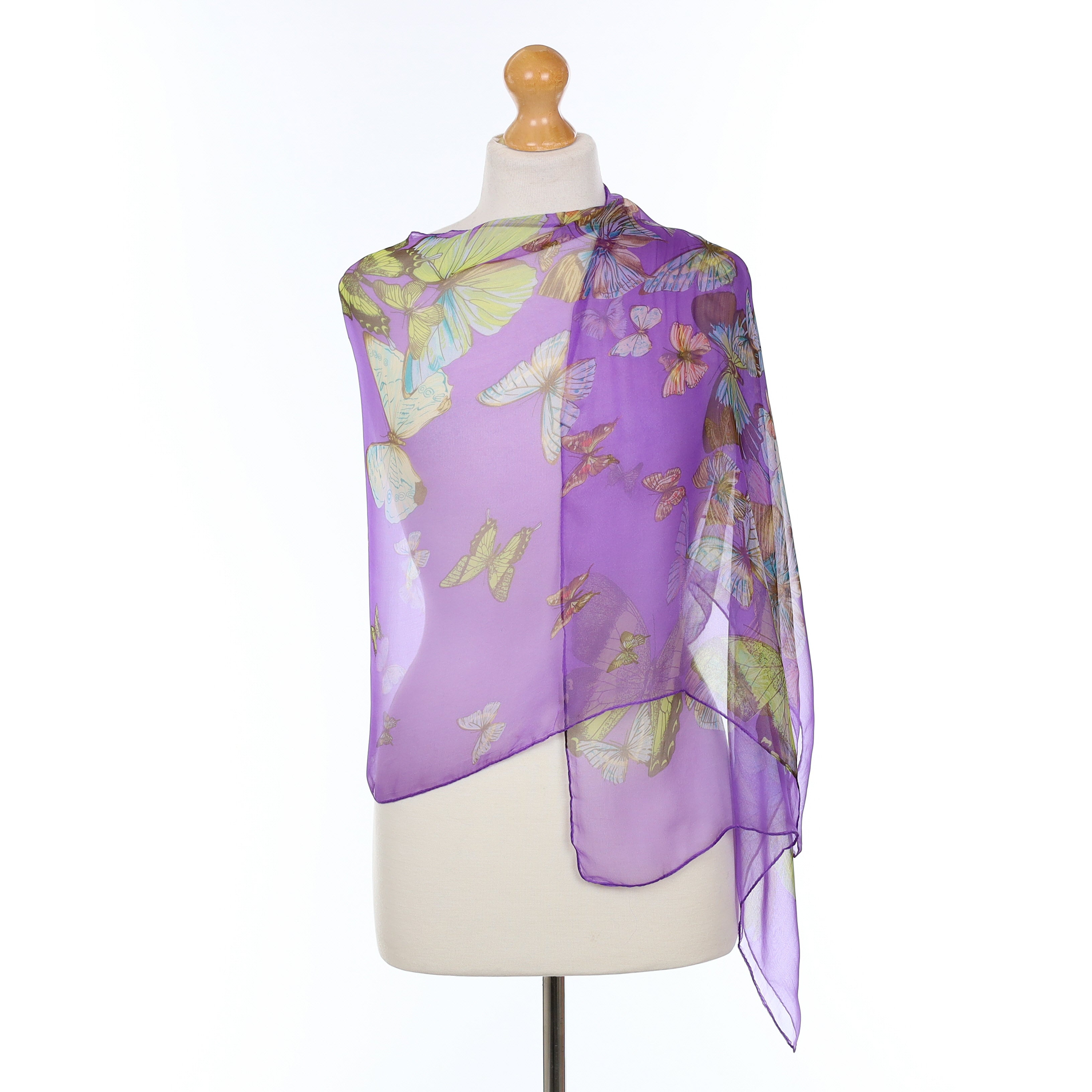 Pansy Purple Butterfly Design Silk Scarf
