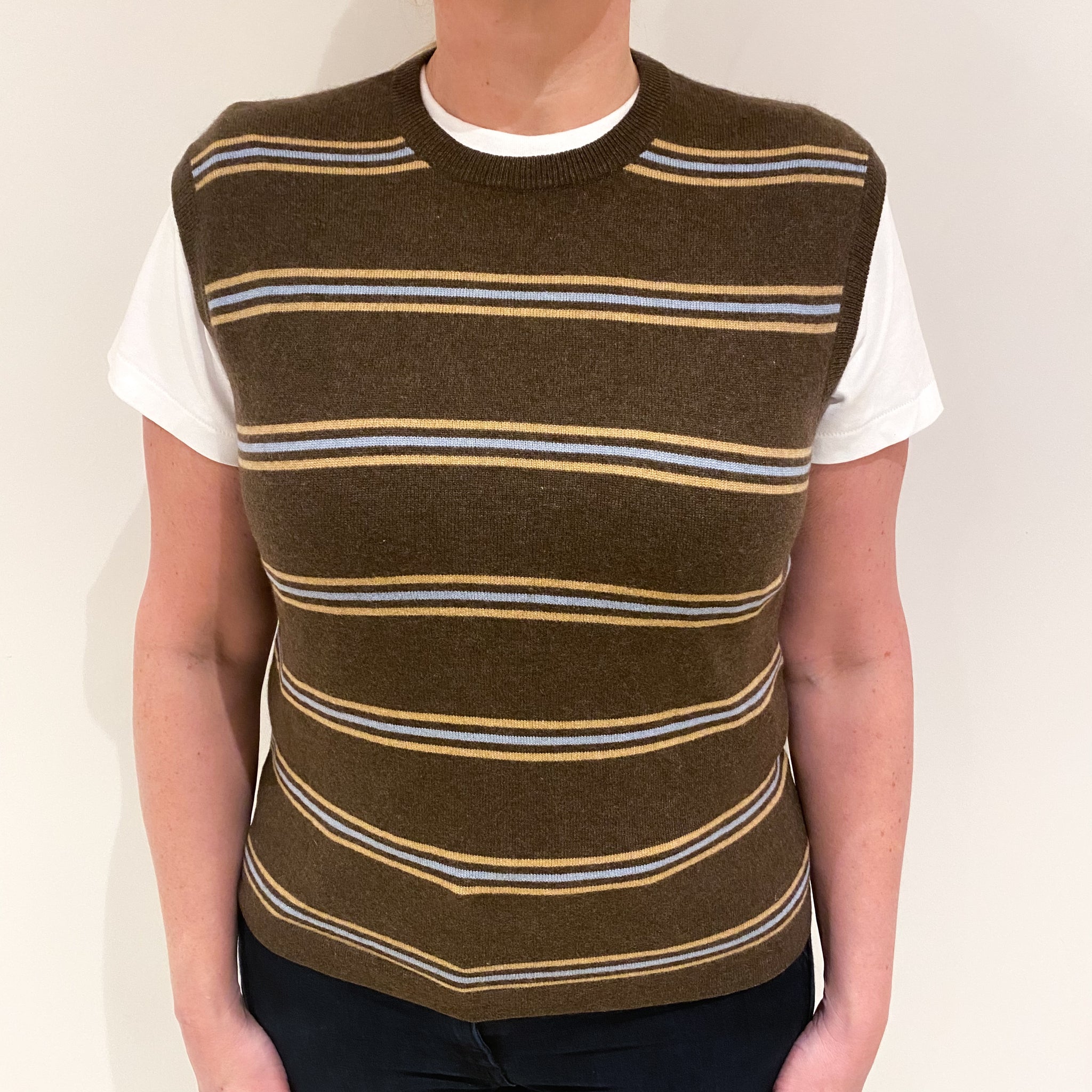 Muted Brown with Caramel and Blue Stripes Cashmere Crew Neck Tank Top