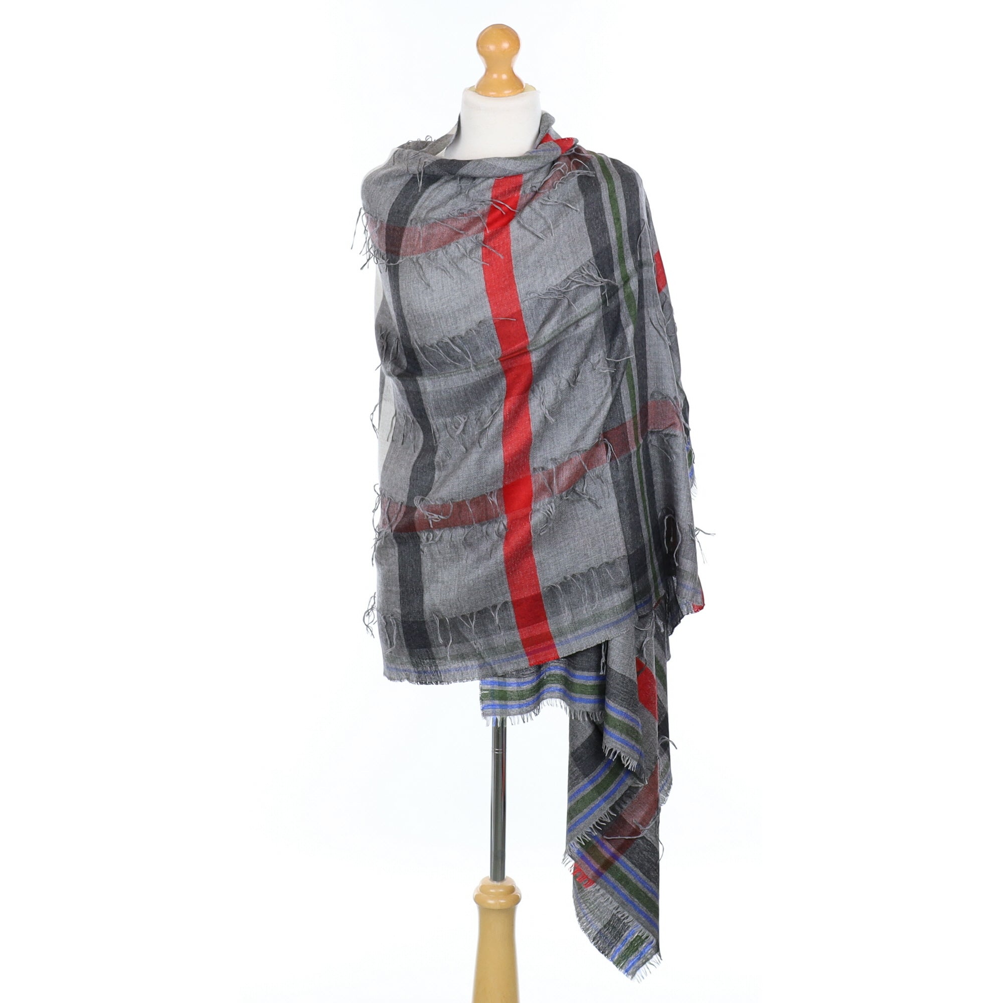 Scottish Begg & Co Grey Checked Tassel Fine Woven Cashmere & Silk Wrap