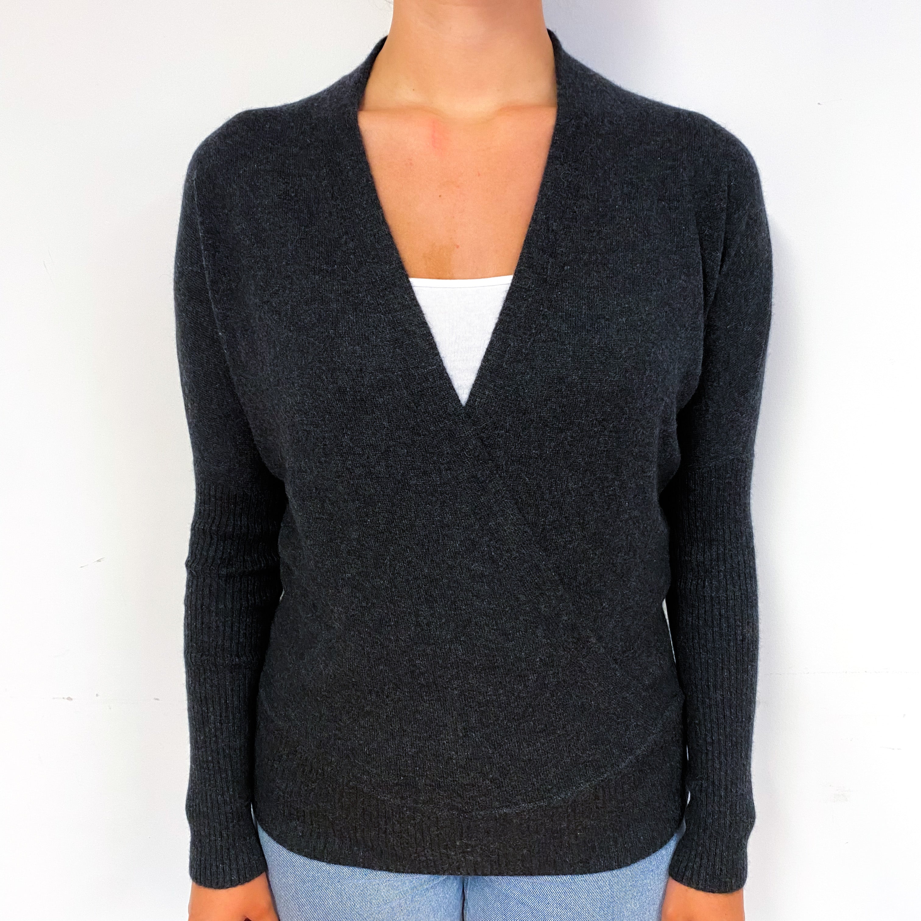 Charcoal Grey Cashmere Crossover V-Neck Jumper Small – NEARLY NEW ...