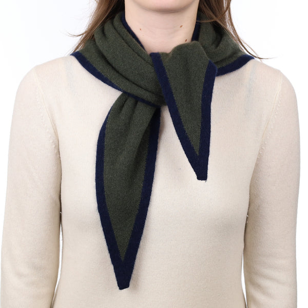 Brand New Khaki Green and Navy Recycled Cashmere Triangle Scarf
