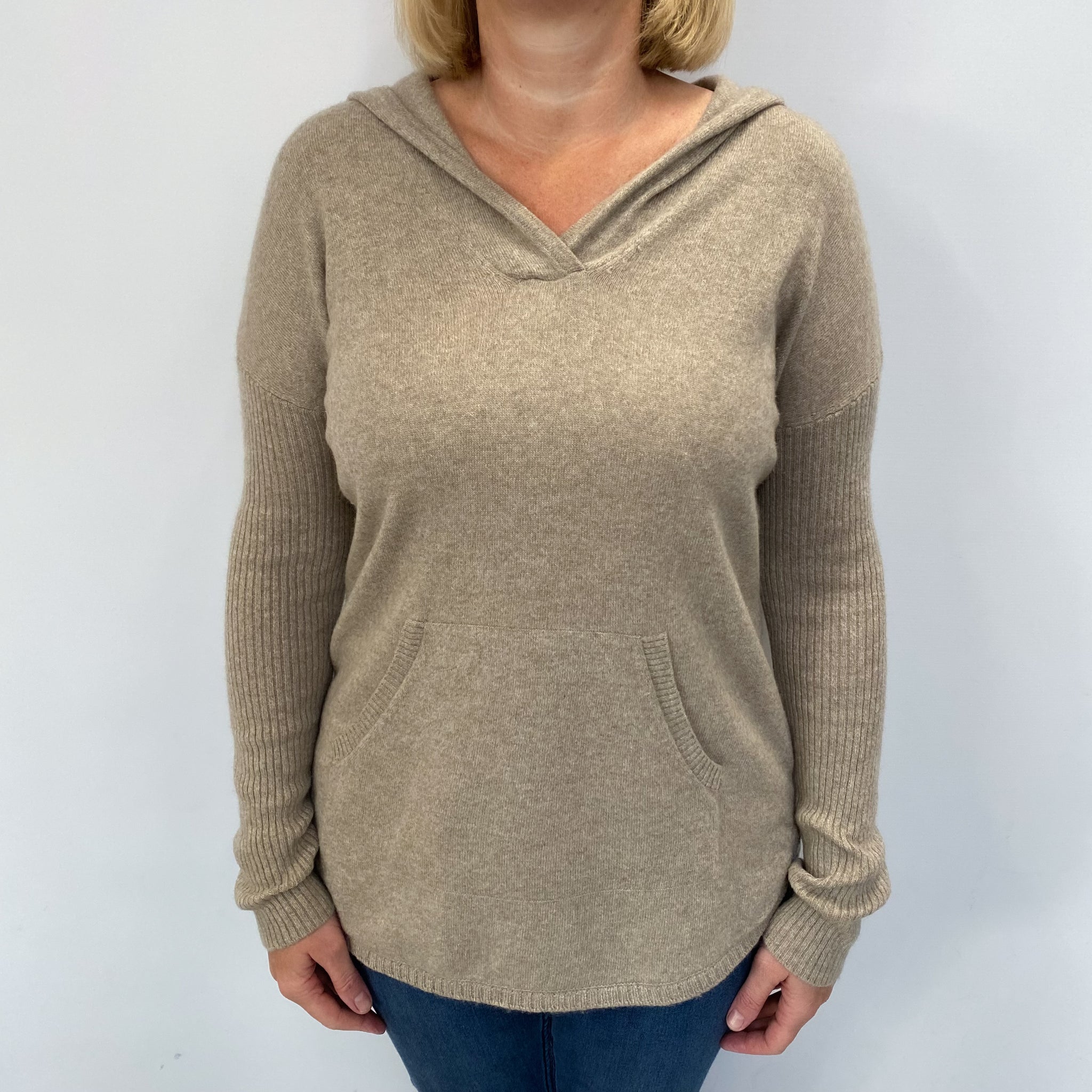 Fawn Beige Cashmere Hoodie Jumper Large