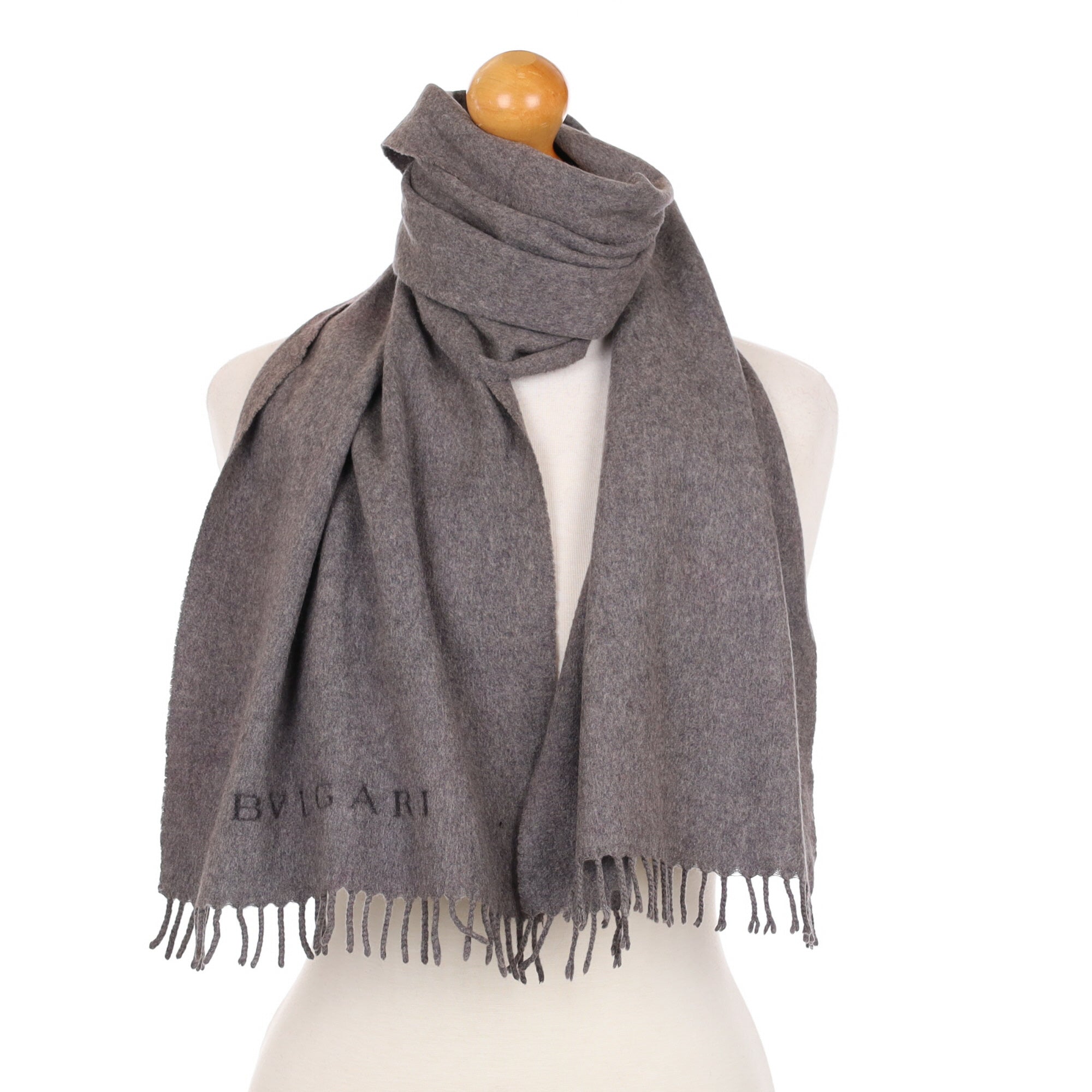 Bvlgari Ash Grey Cashmere Fringed Woven Scarf