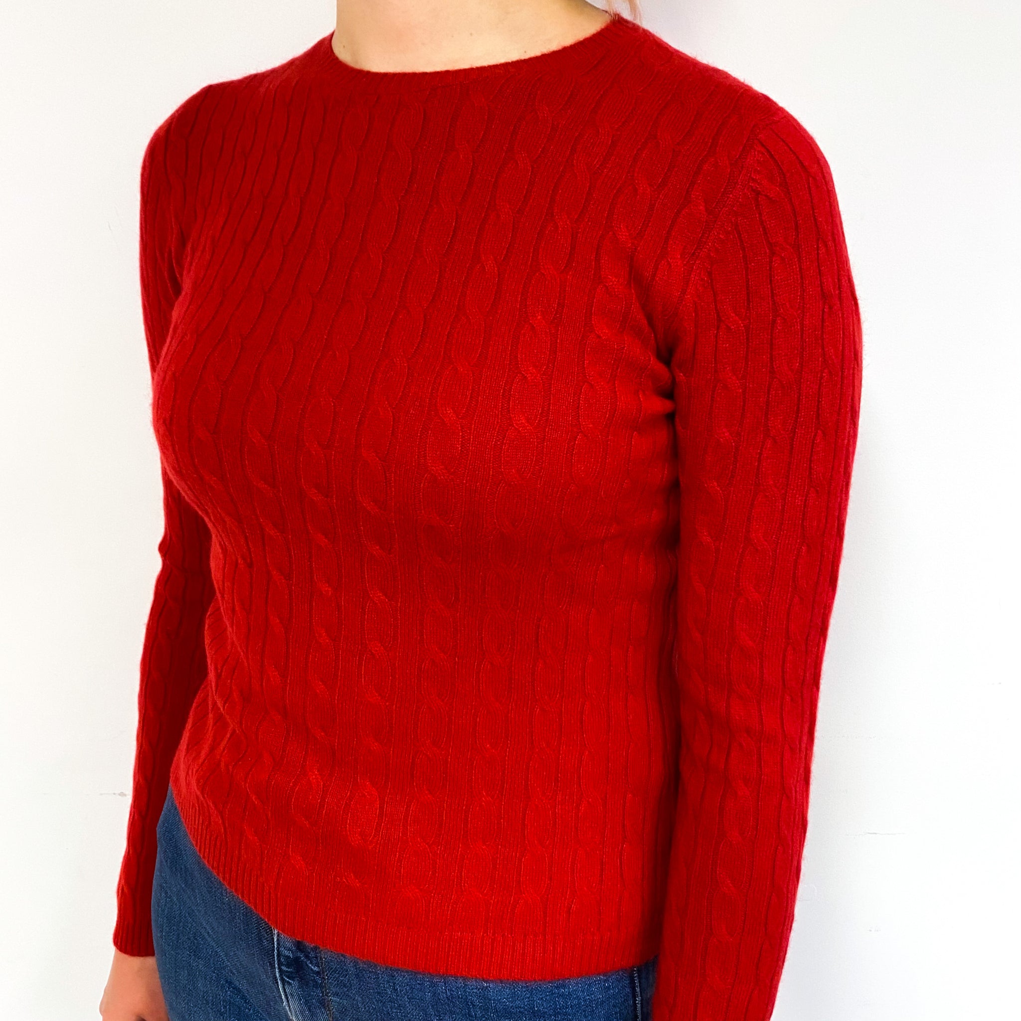 Scarlet Red Cable Cashmere Crew Neck Jumper Small/Petite