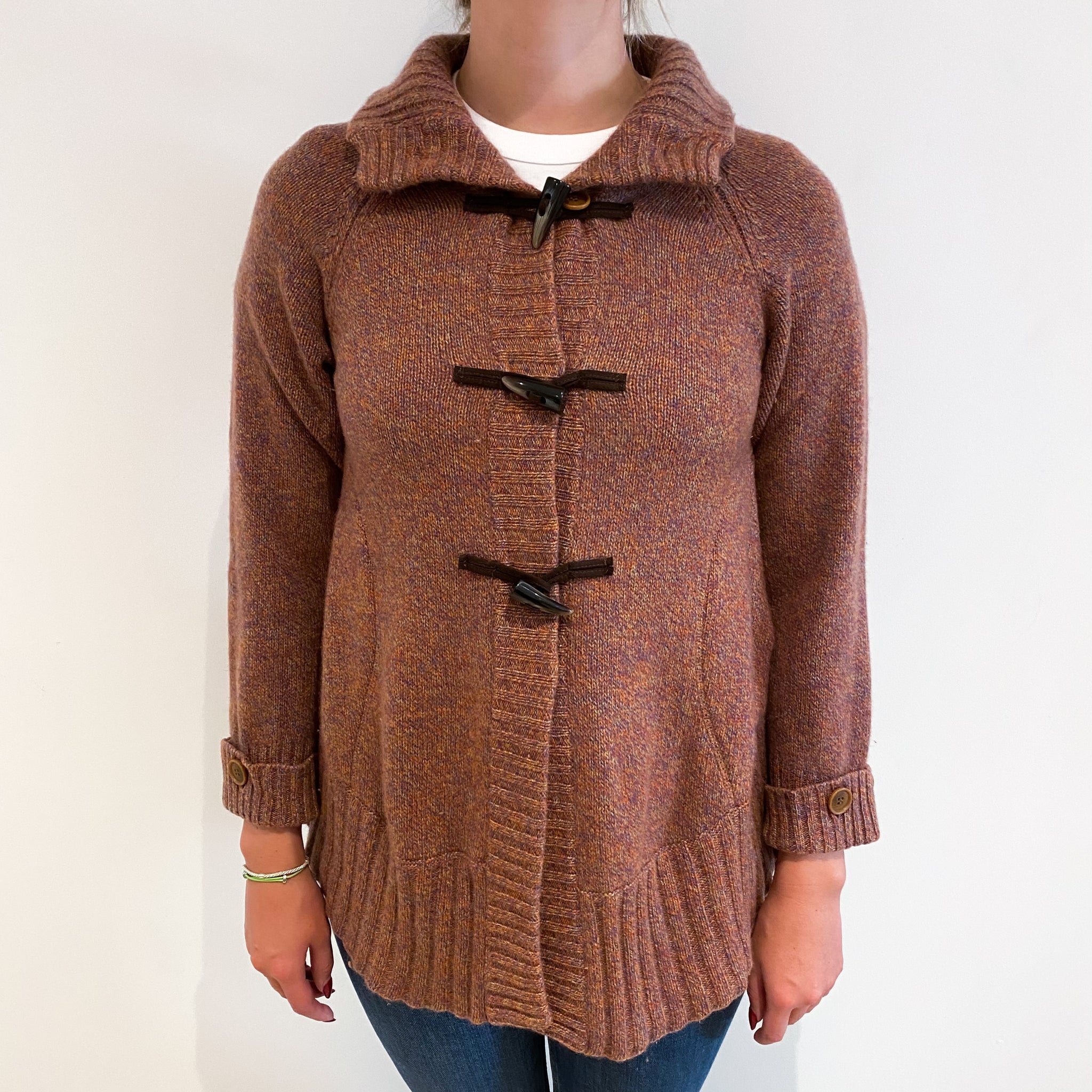 Rust Brown Marl Cashmere Chunky Toggle Fasten Cardigan Small