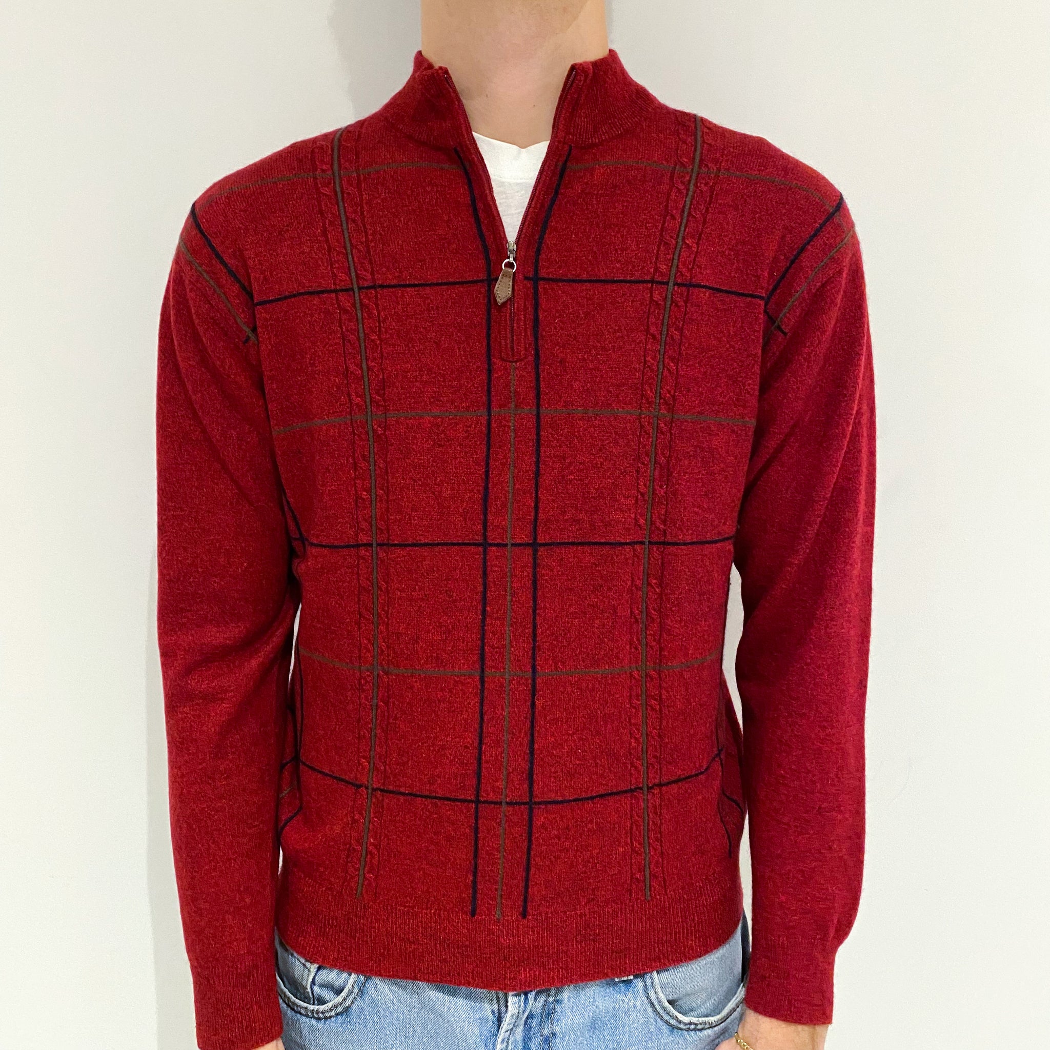 Men's Crimson Red Black Check Cashmere 1/4 Zip Jumper Large