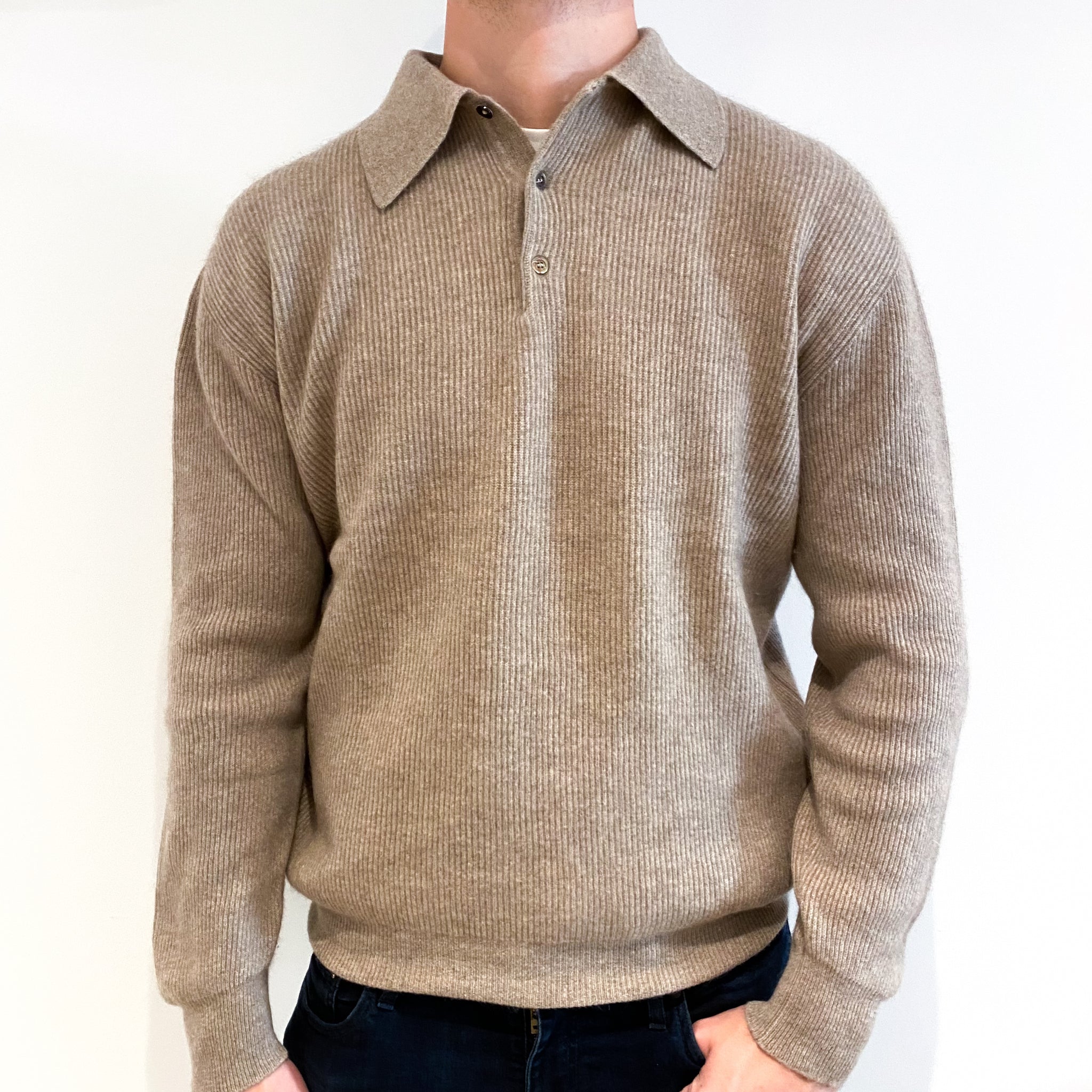 Men's Italian Chunky Fawn Cashmere 1/4 Button Jumper Extra Large