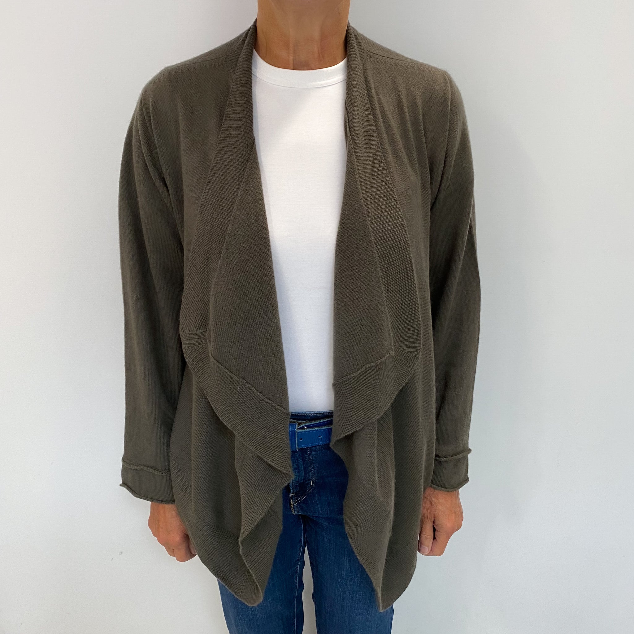 Khaki Brown Cashmere Waterfall Cardigan Medium
