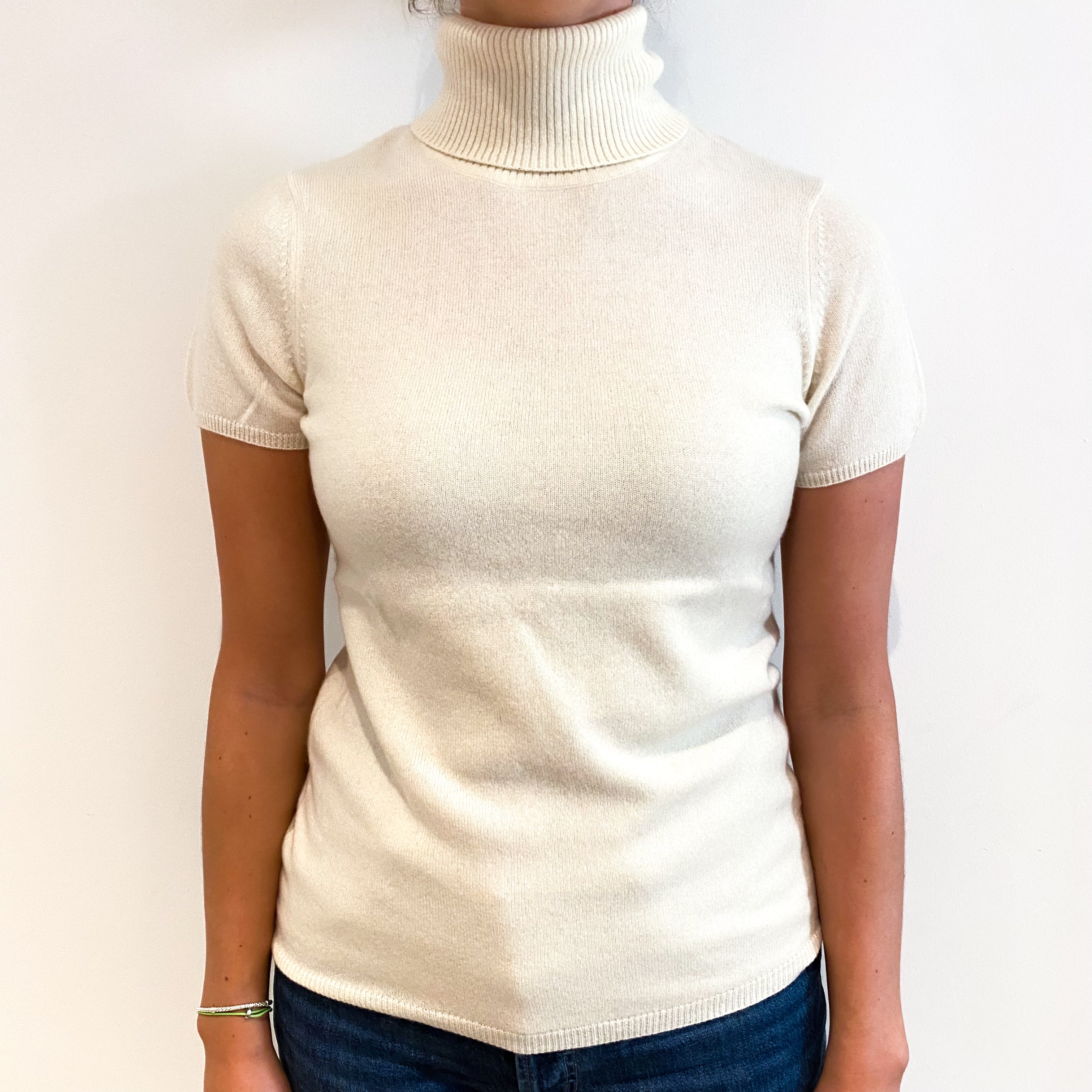 Ivory Cream Cashmere Short Sleeve Polo Neck Jumper Small Nearly New