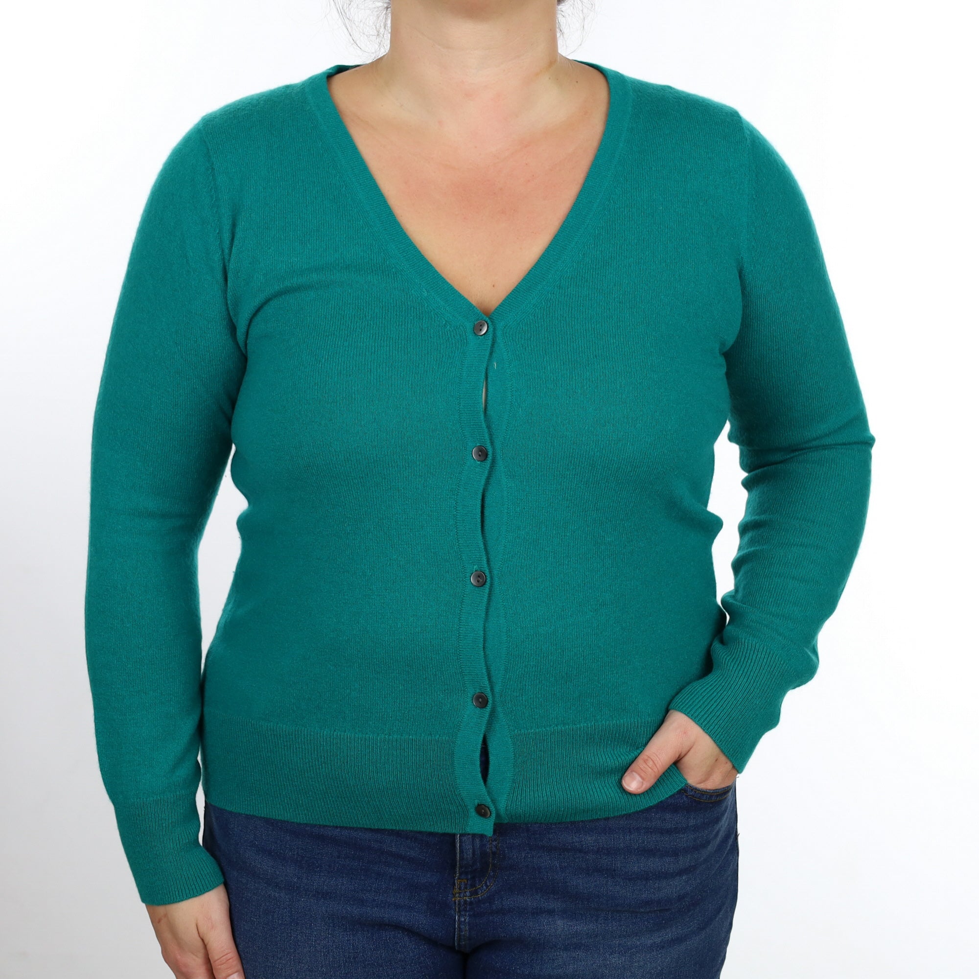 Deep Turquoise Green Cashmere V Neck Cardigan Large
