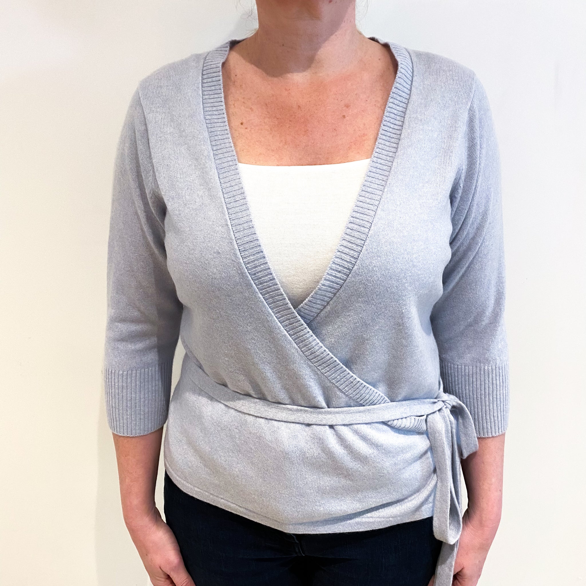 Ice Blue Cashmere V Neck Tie Wrap Around Cardigan Large