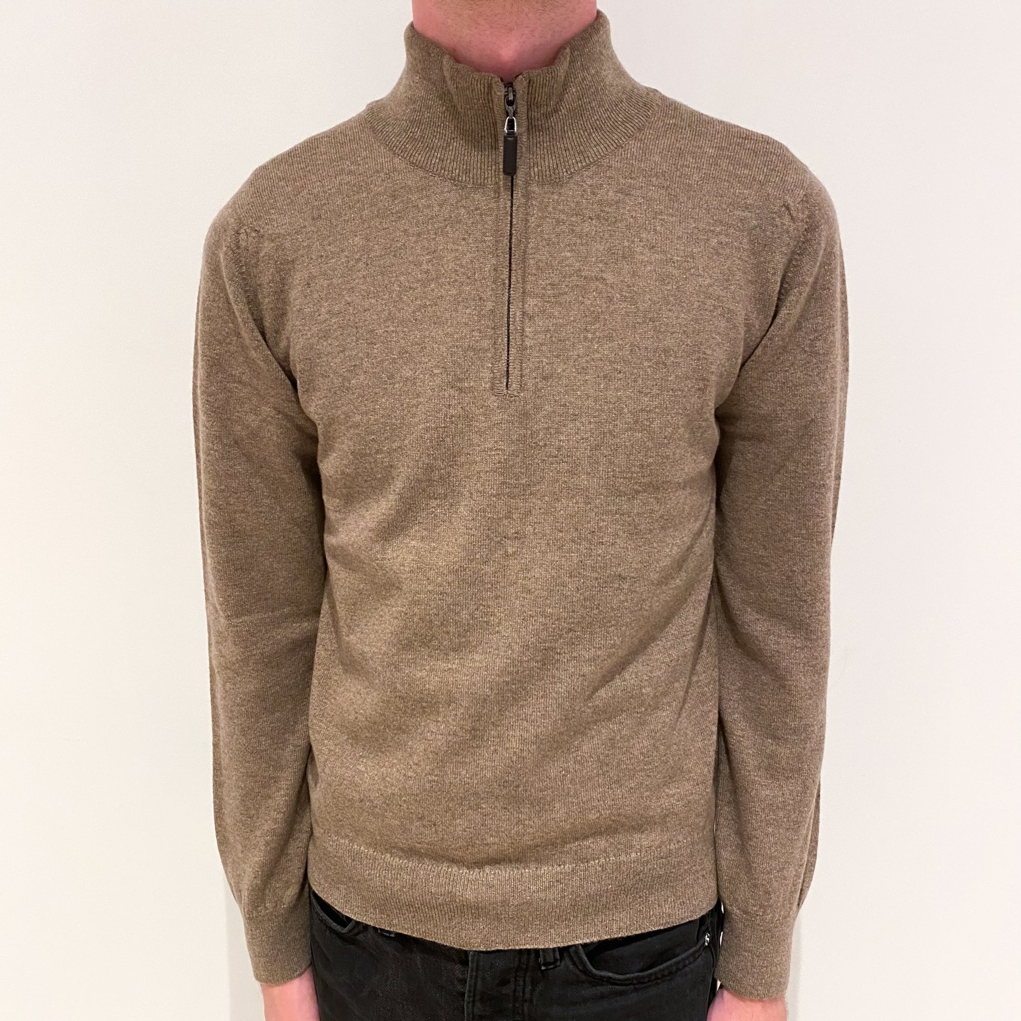 Men's Brand New Scottish Donkey Brown Cashmere 1/4 Zip Jumper Extra Sm