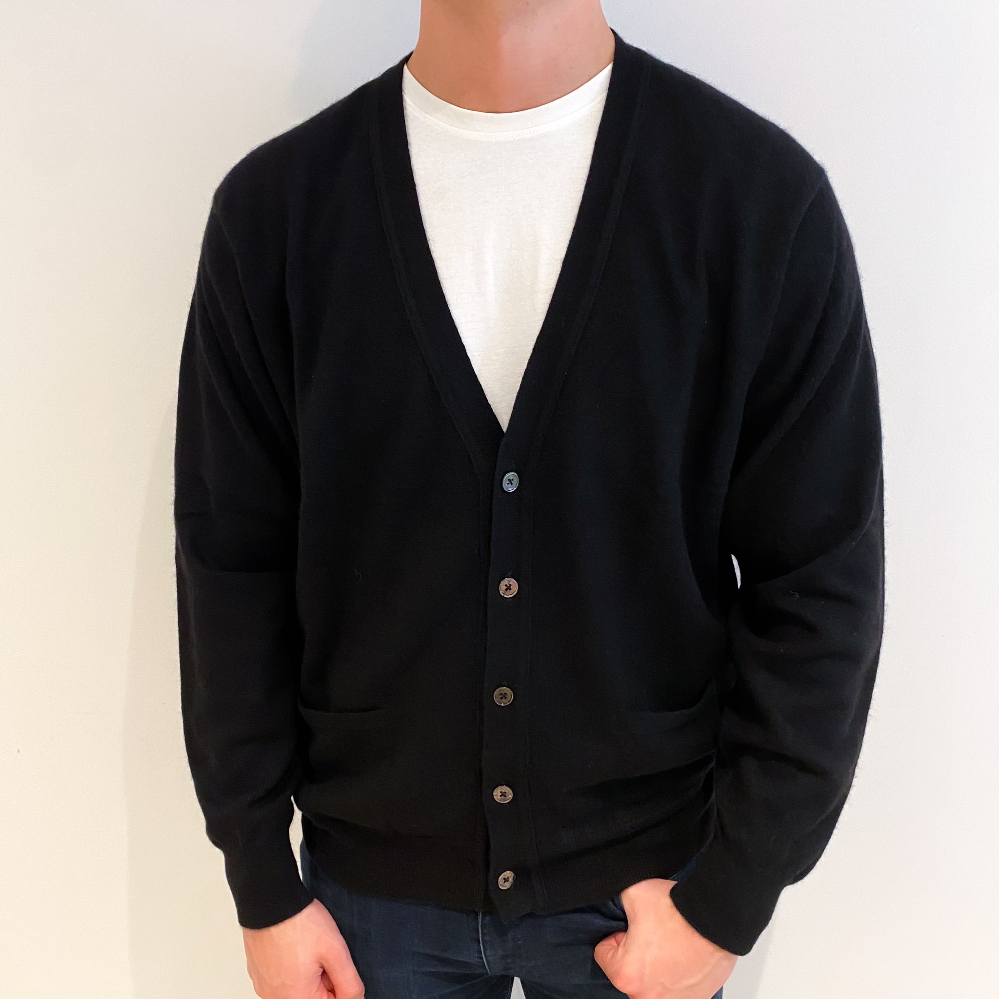 Men's Scottish Black Cashmere V Neck Cardigan XXL