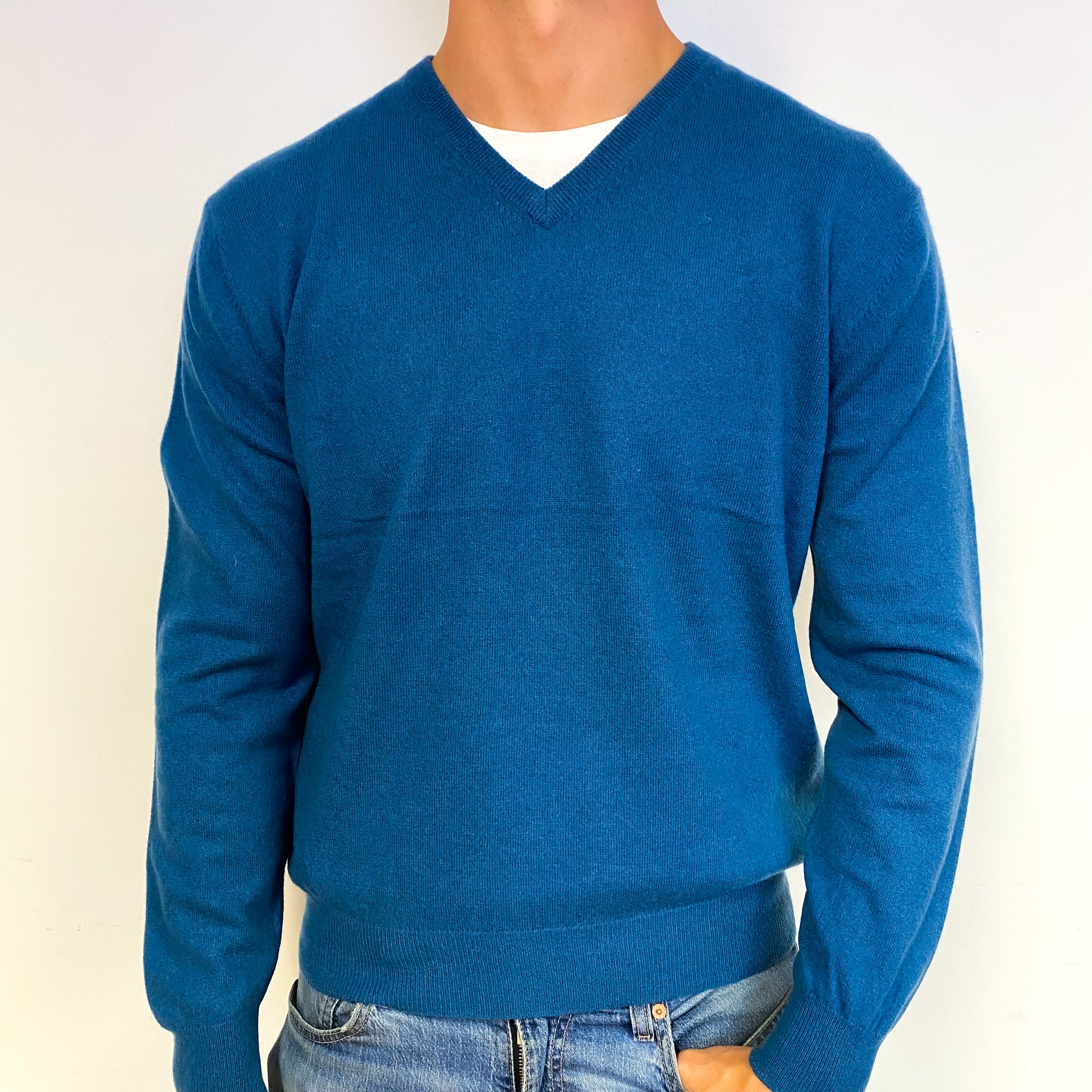 Men's Peacock Blue Cashmere V-Neck Jumper Extra Large