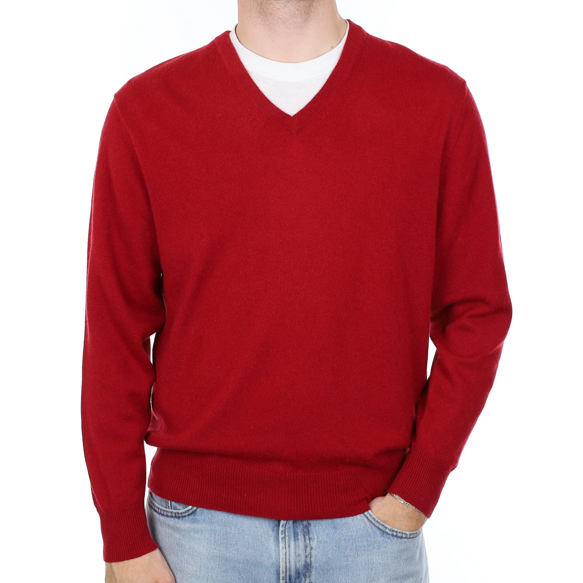 Men's Crimson Red Cashmere V Neck Jumper Medium