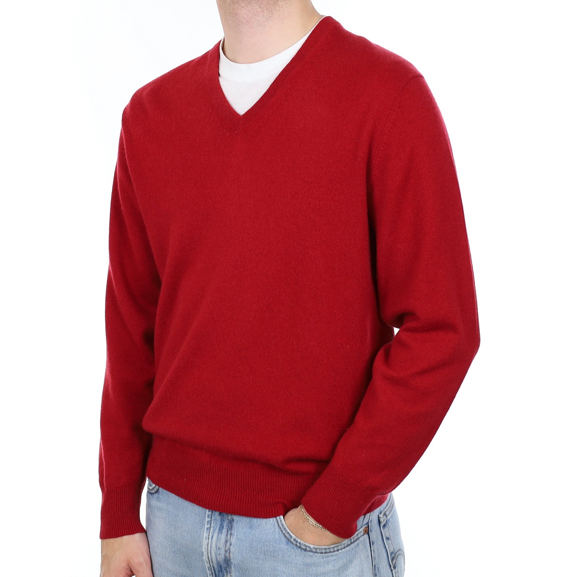 Men's Crimson Red Cashmere V Neck Jumper Medium