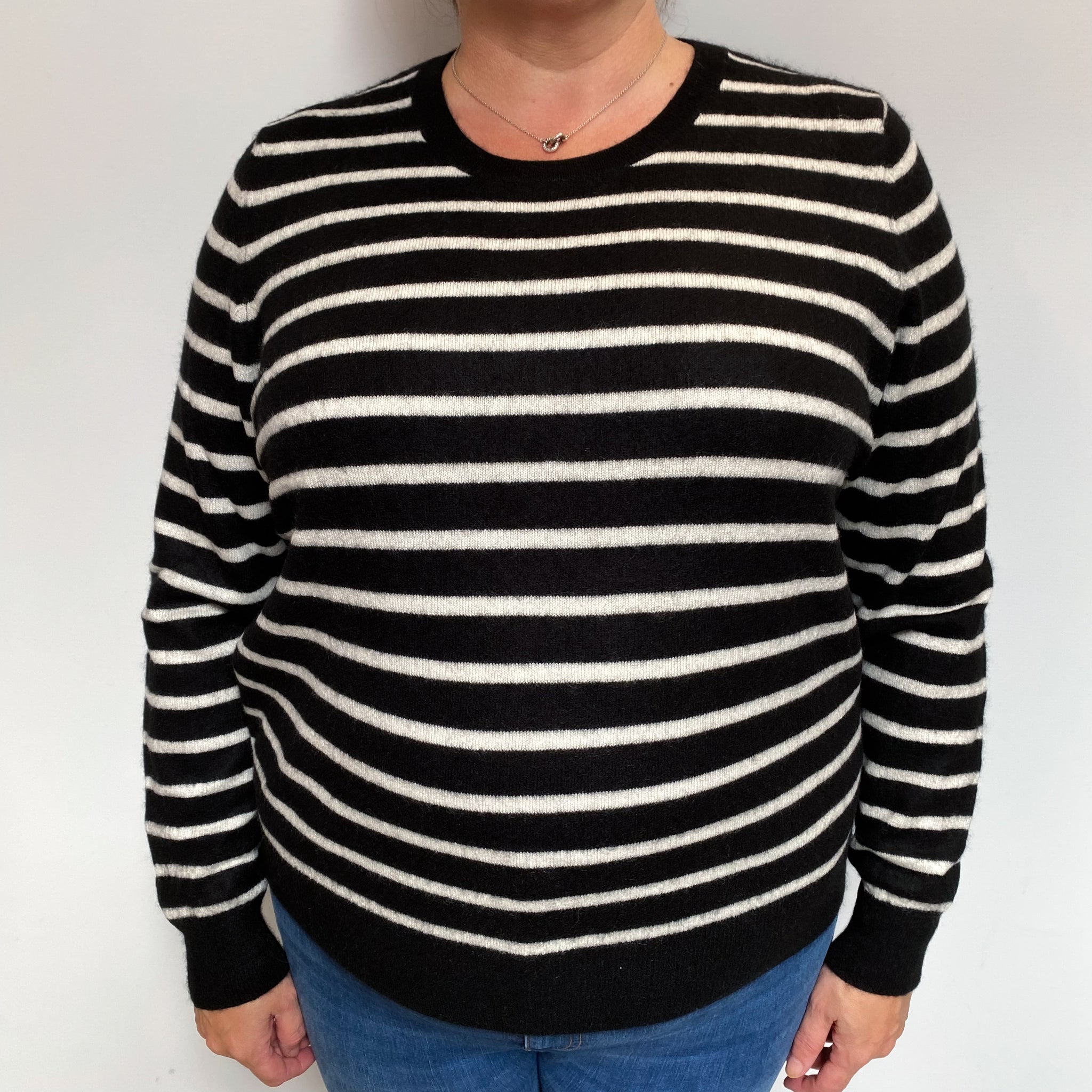 Black White Stripe Cashmere Crew Neck Jumper Extra Large