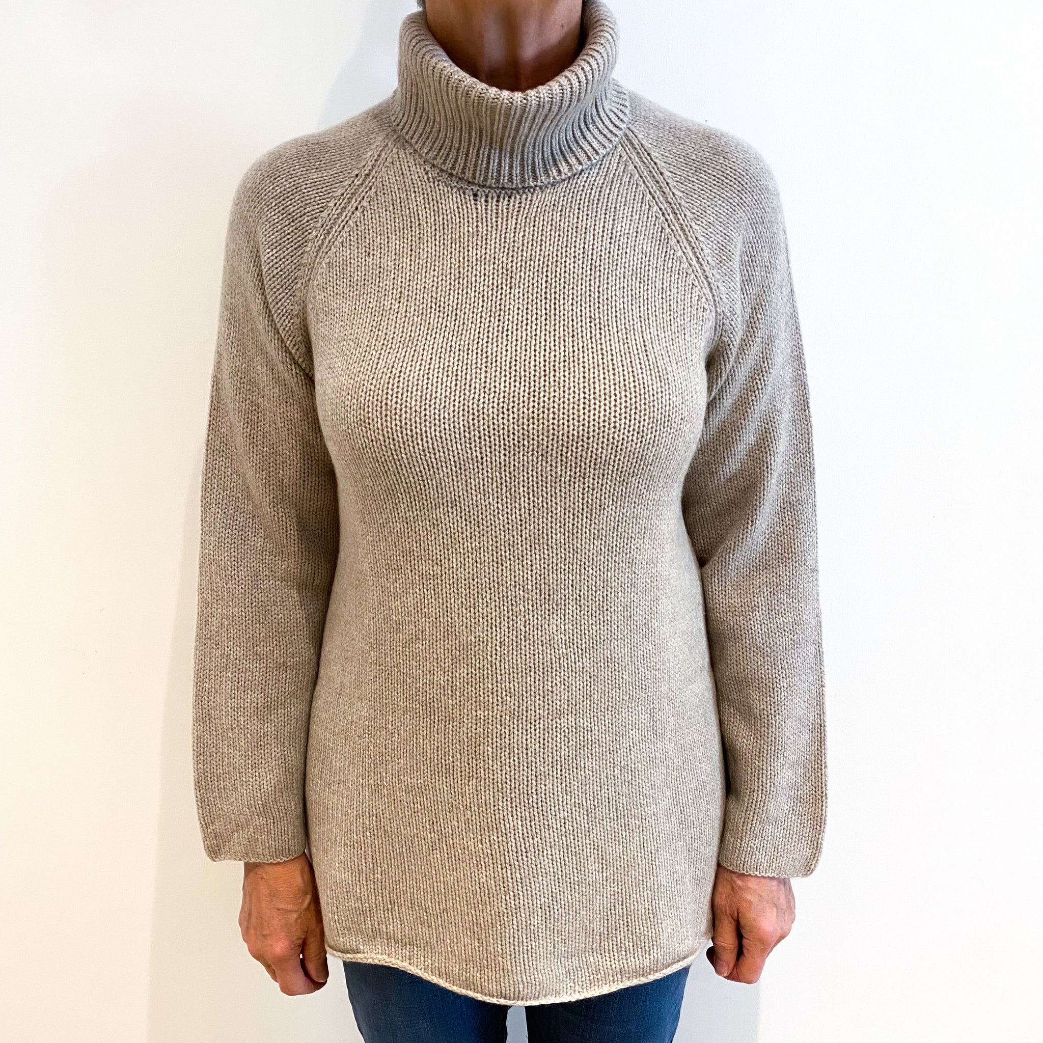 Fawn Beige Cashmere Polo Neck Jumper Medium