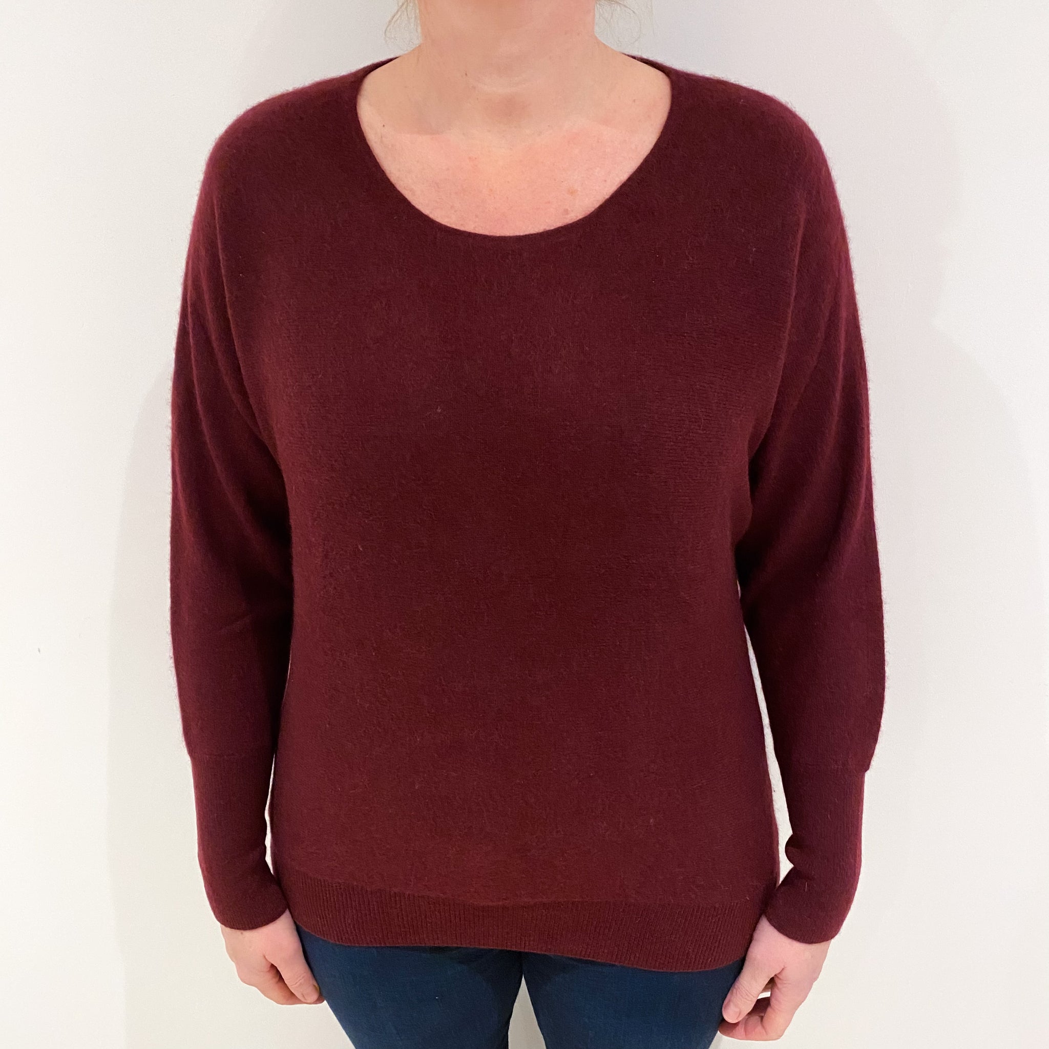 Wine Red Cashmere Deep Crew Neck Jumper Large