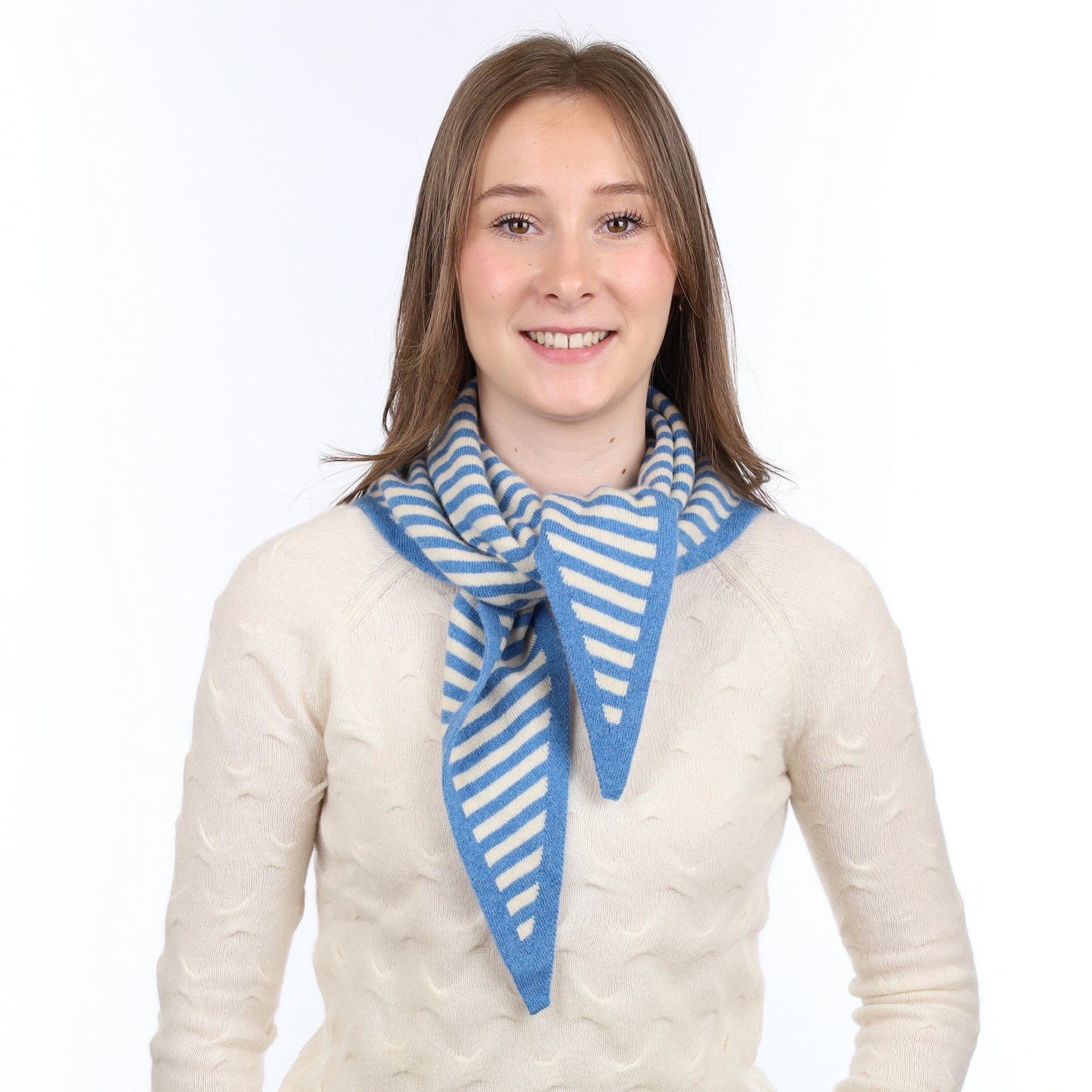 Brand New Mediterranean Blue Striped Recycled Cashmere Triangle Scarf