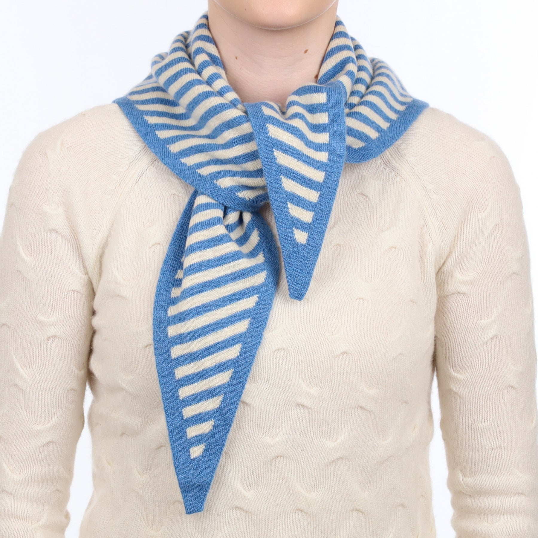 Brand New Mediterranean Blue Striped Recycled Cashmere Triangle Scarf
