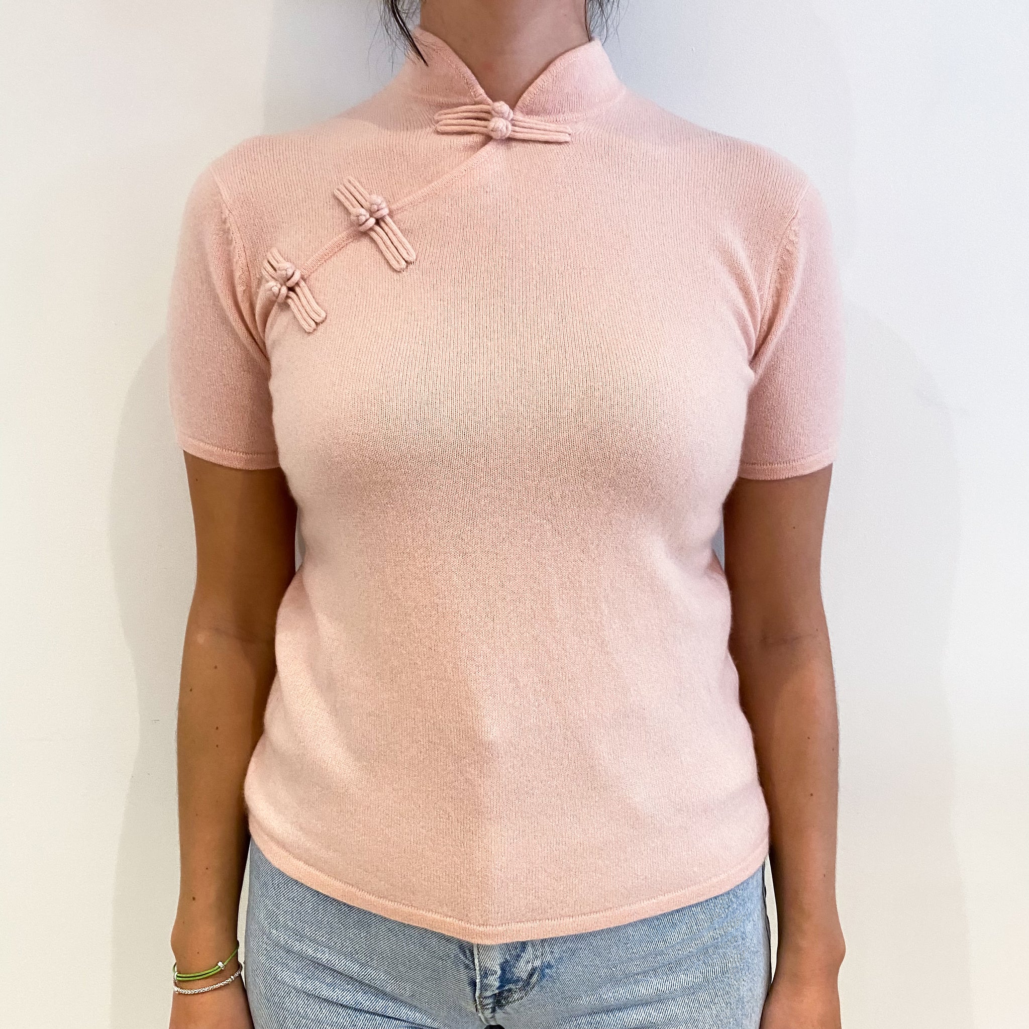 Shell Pink Cashmere Mandarin Neck Short Sleeved Jumper Small