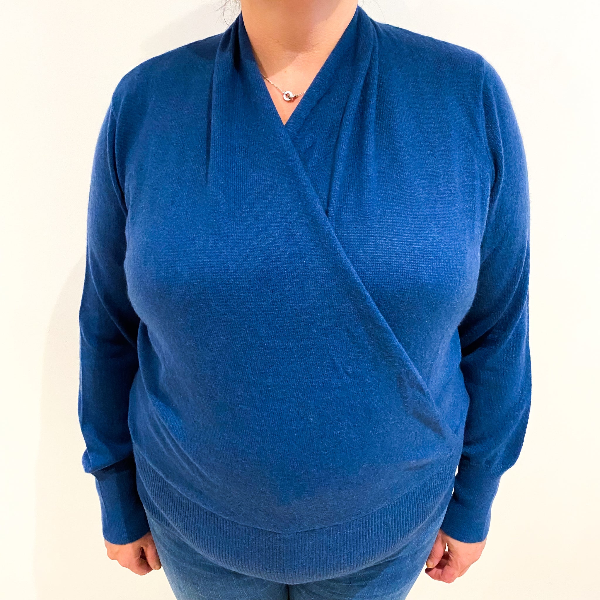 Deep Ocean Blue Cashmere Cross Over Jumper Extra Large