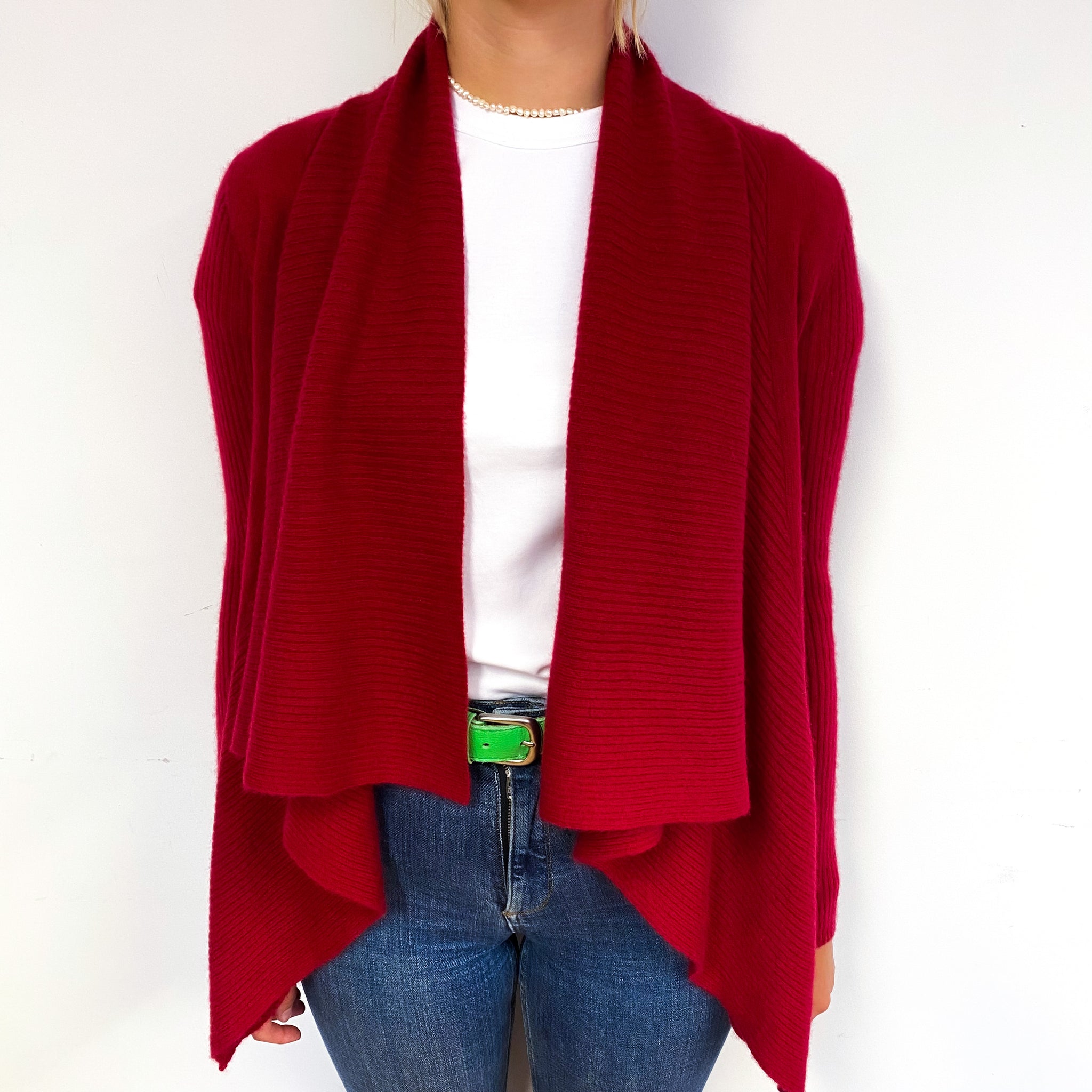 Crimson Red Cashmere Waterfall Cardigan Small