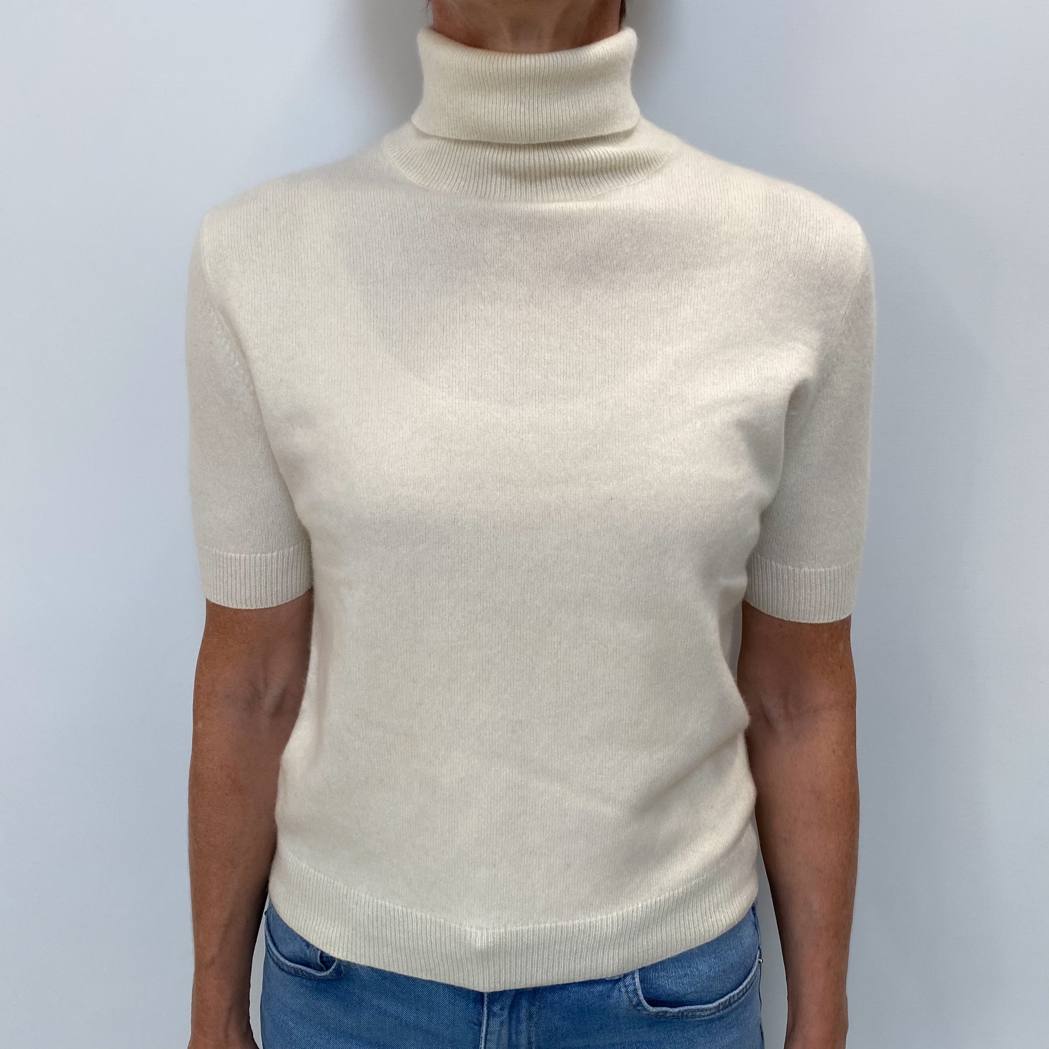 Cream Cashmere Short Sleeved Polo Neck Jumper Small