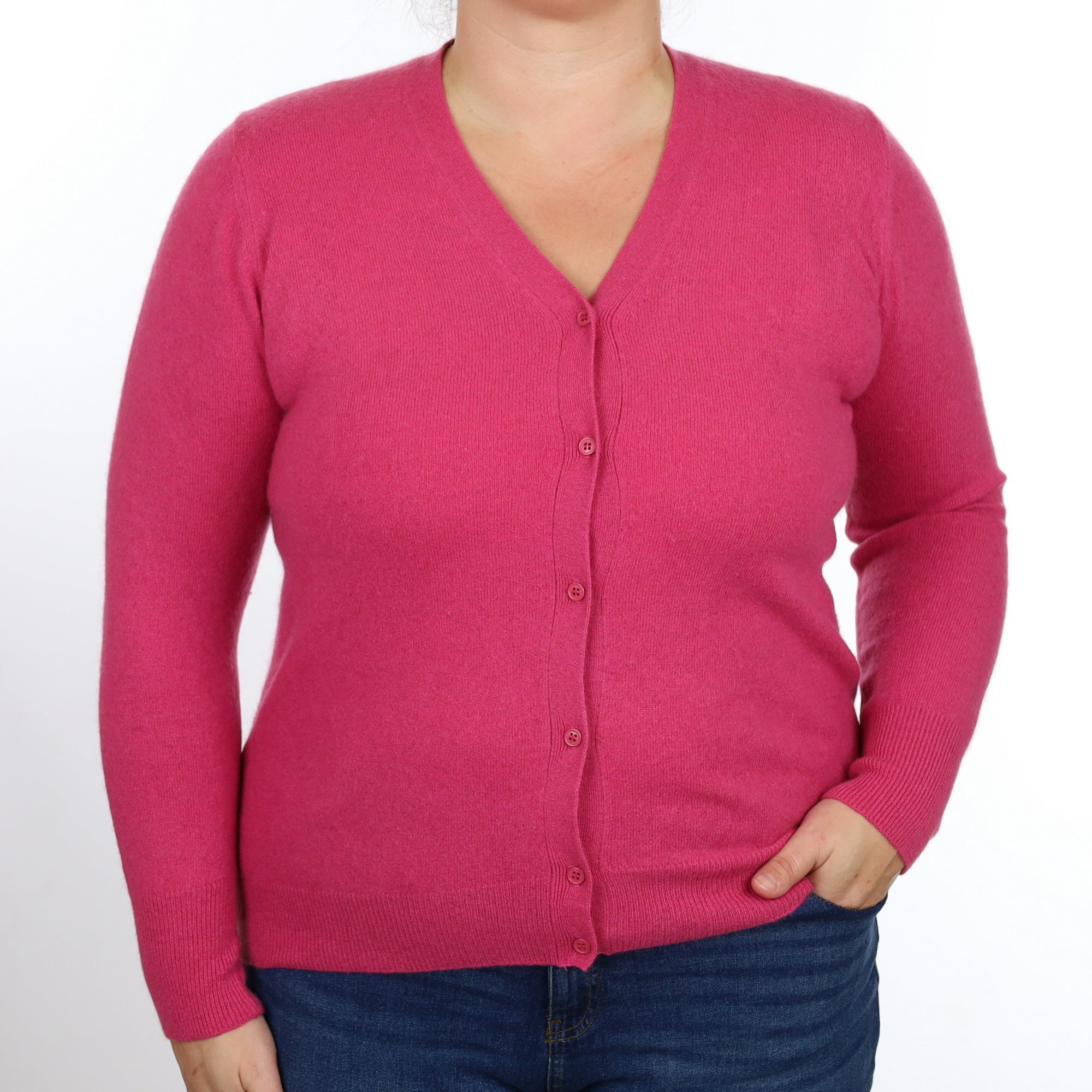 Italian Raspberry Pink Cashmere V Neck Cardigan Large