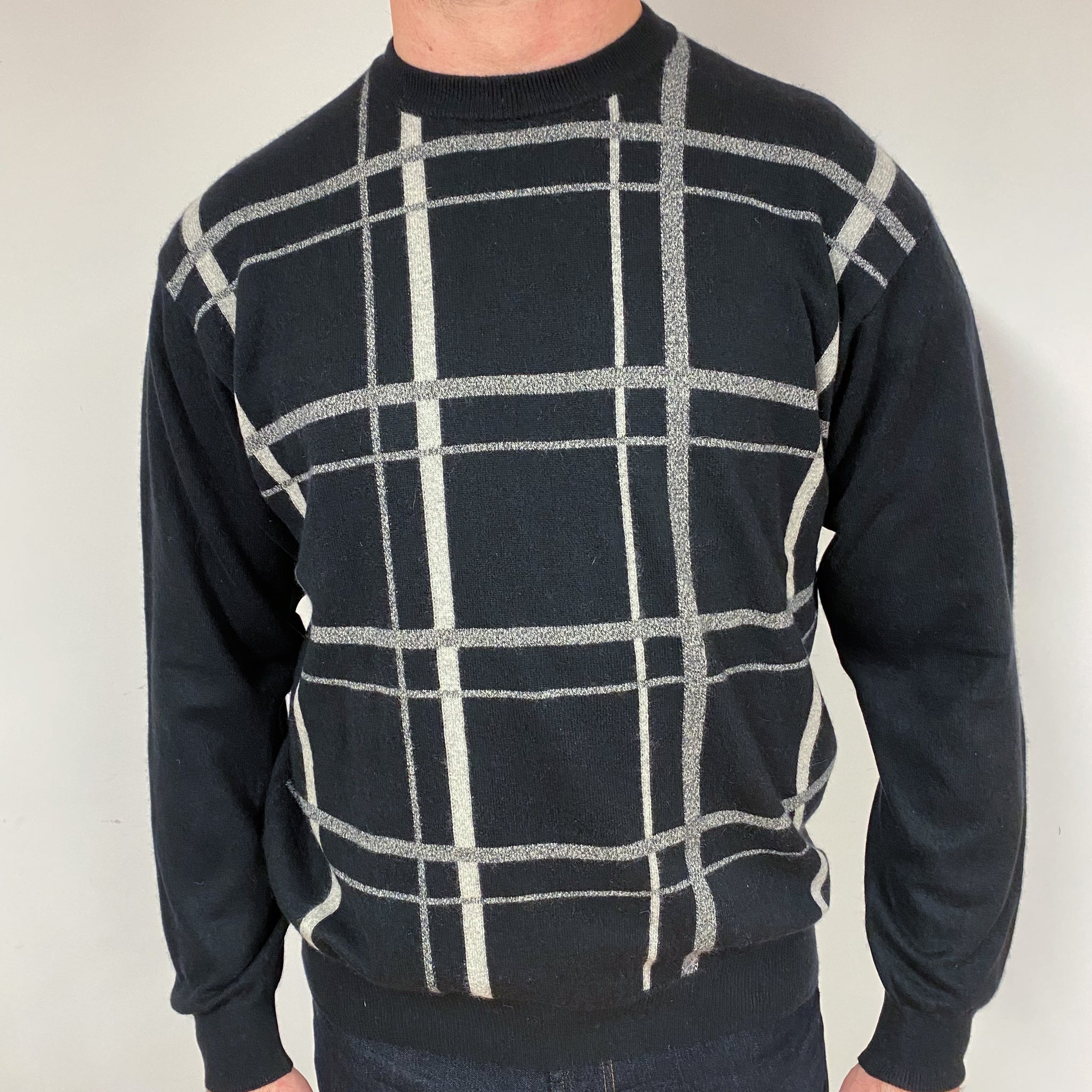 Men's Black Grey Checked Cashmere Crew Neck Jumper Extra Large