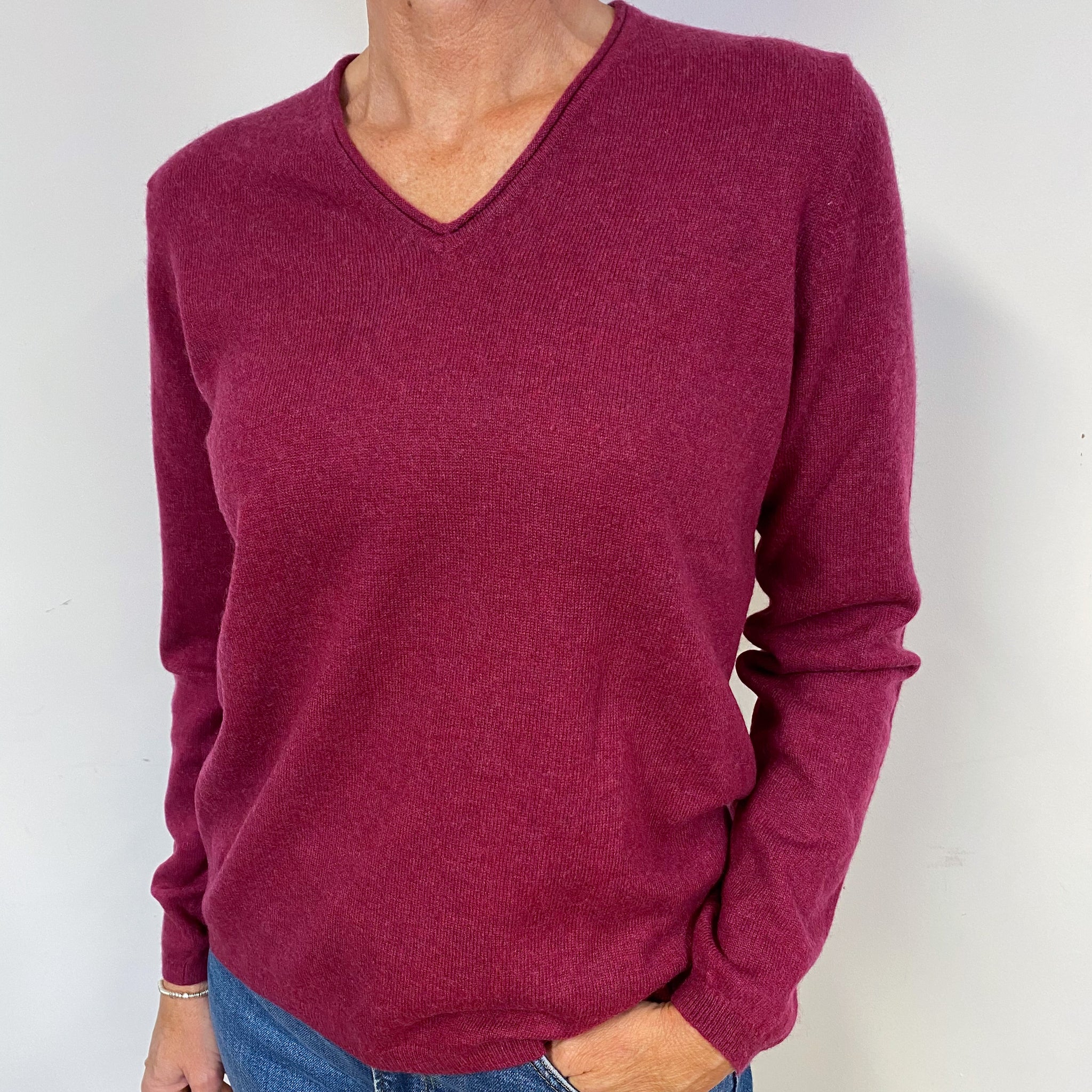 Deep Raspberry Pink Cashmere V-Neck Jumper