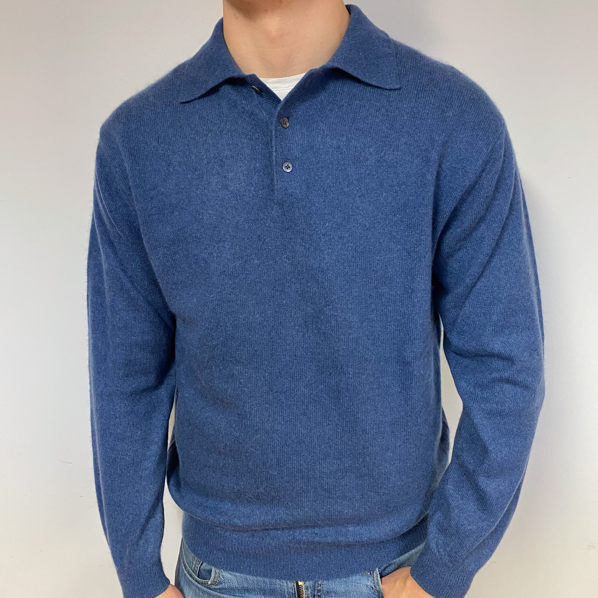 Men's Naval Blue Cashmere 1/4 Button Jumper Extra Large