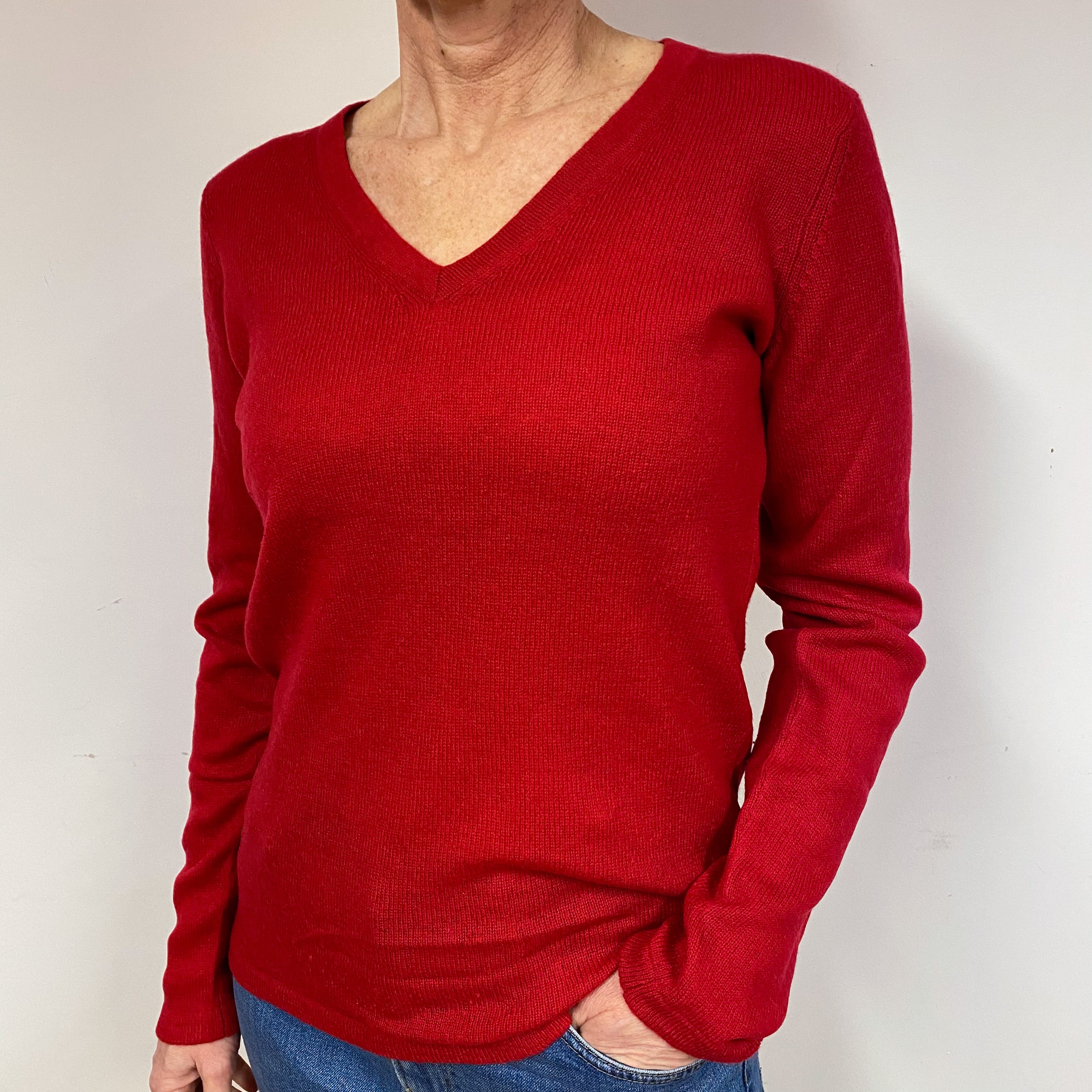 Post Box Red Cashmere V-Neck Jumper Medium
