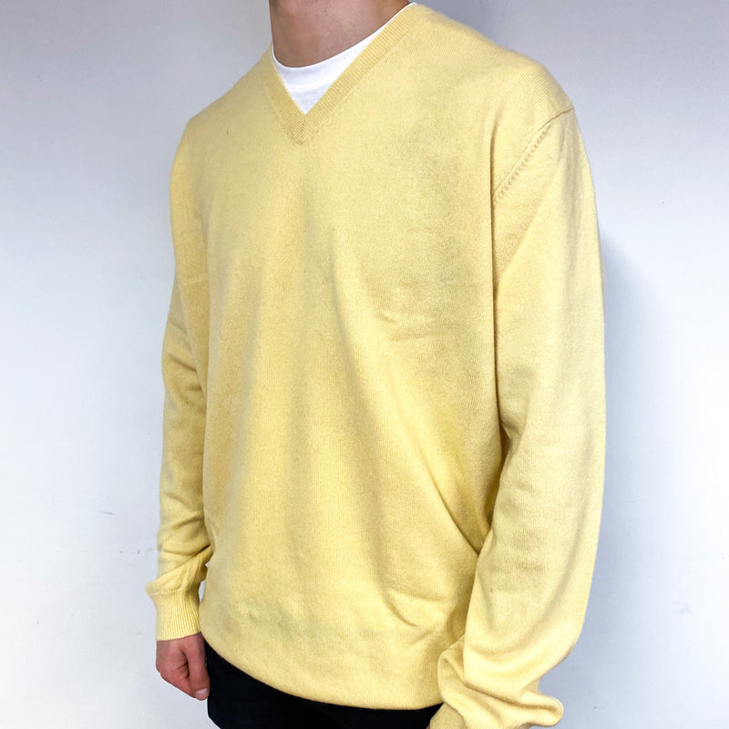 Men's Pale Yellow Cashmere V-Neck Jumper Extra Extra Large Tall ...