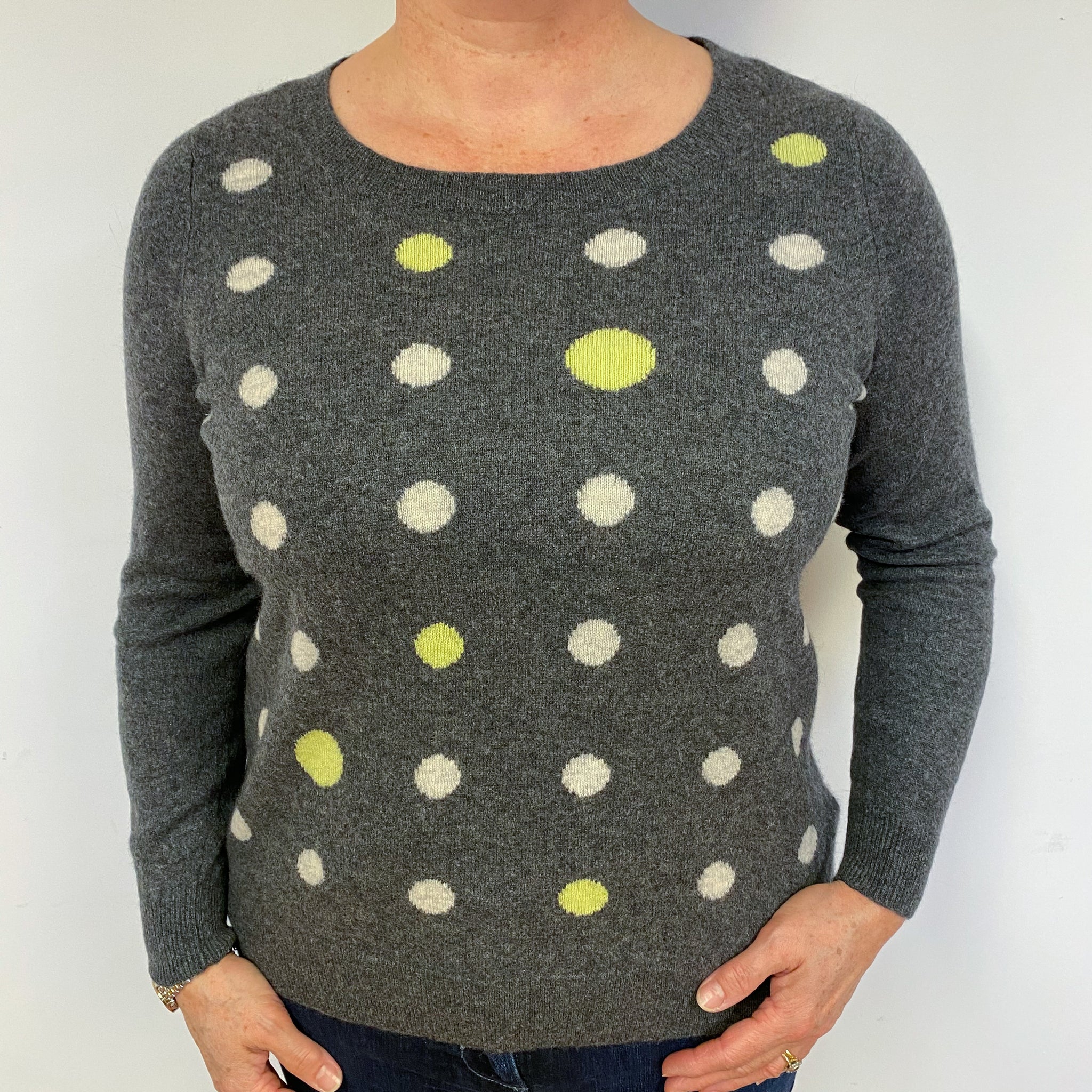 Slate Grey Spotty Cashmere Crew Neck Jumper Large.