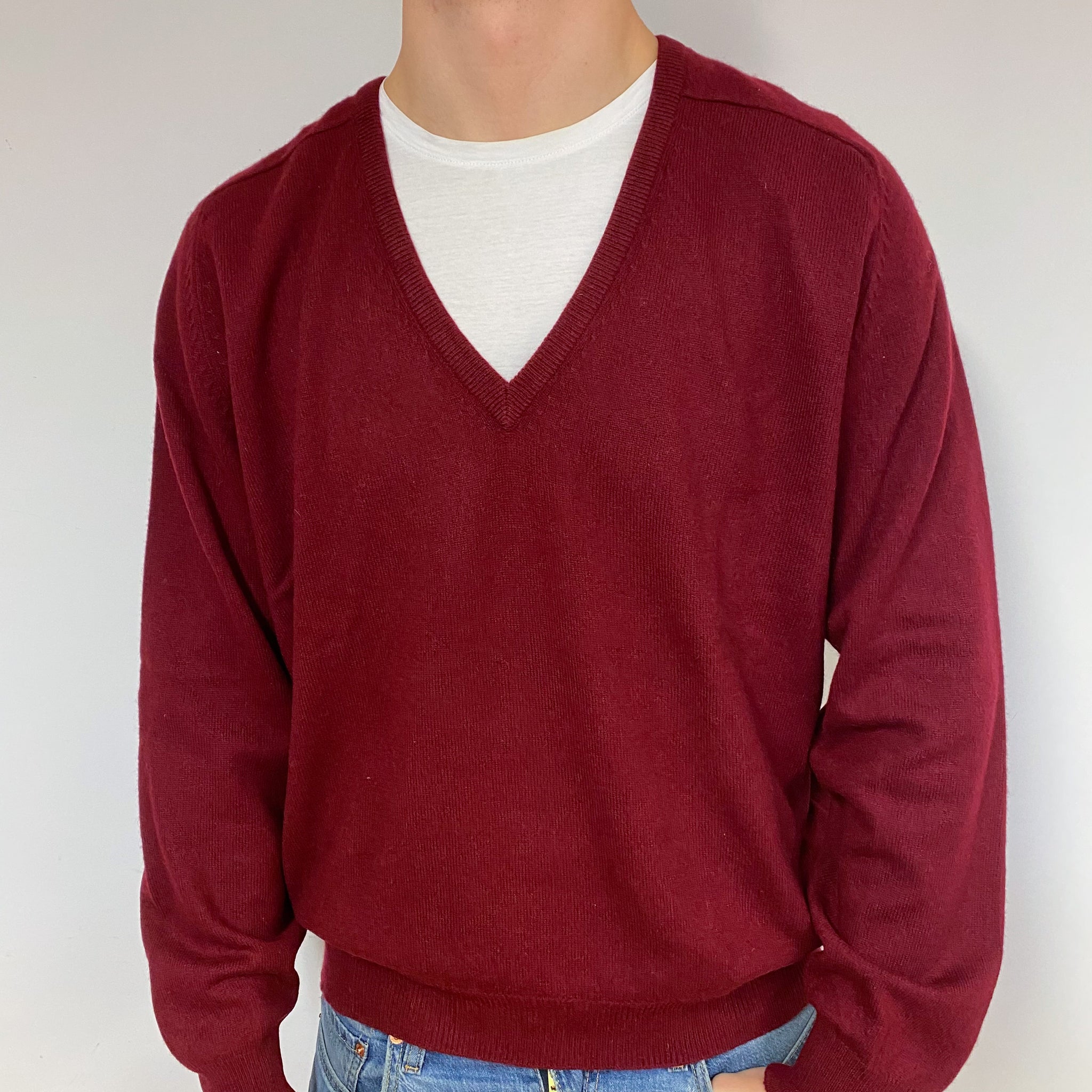 Men's Wine Red Cashmere V-Neck Jumper Extra Extra Large